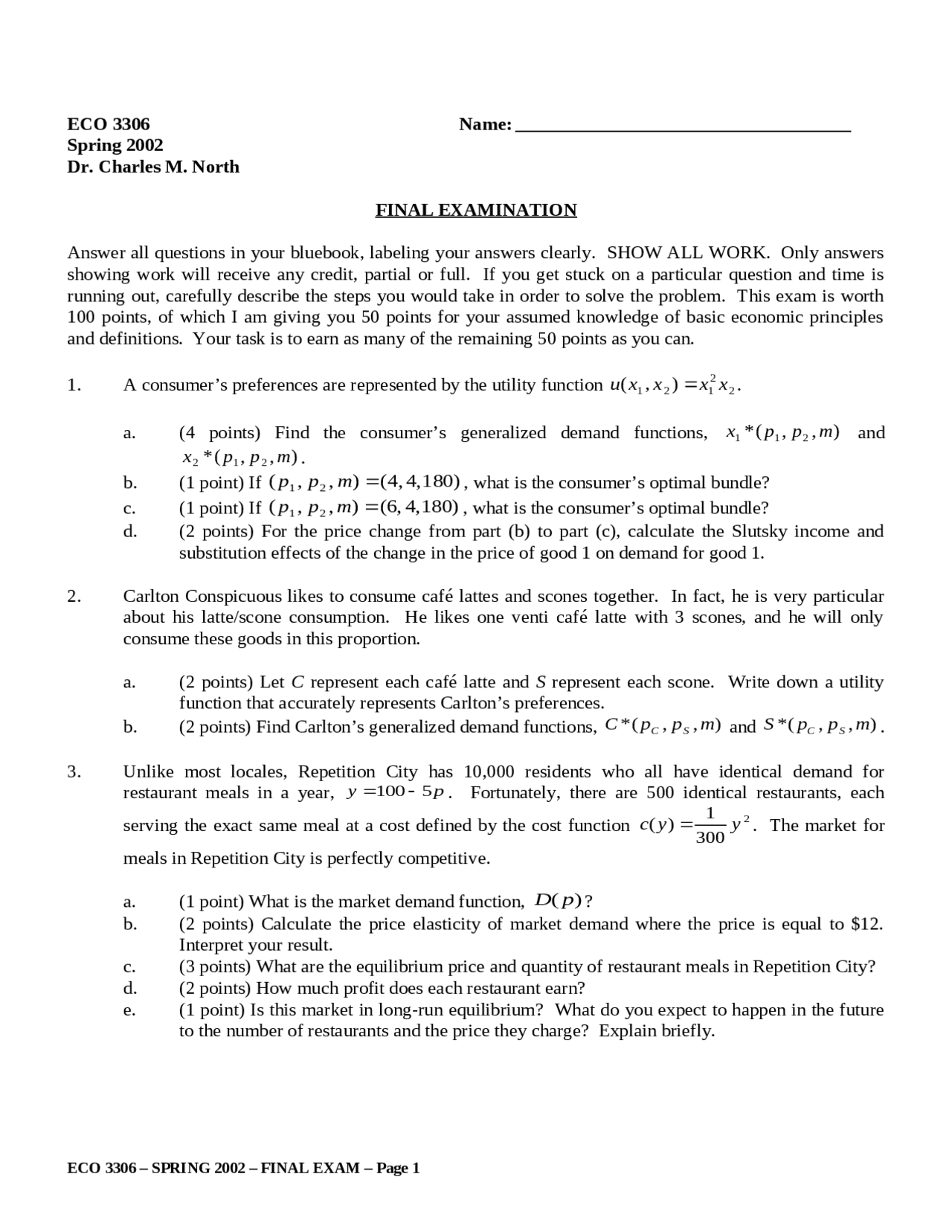 8 Unsolved Questions Final Exam Intermediate Microeconomic Analysis