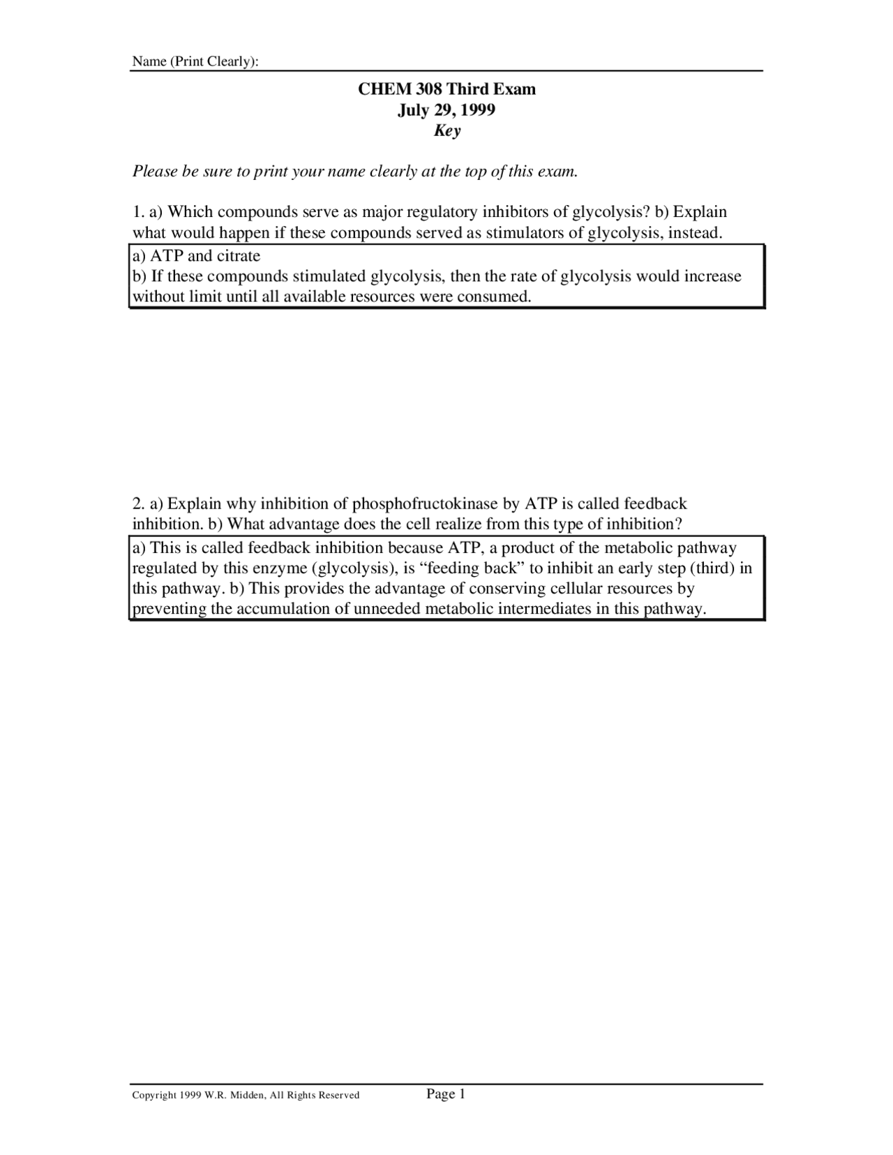 Third Exam With Solutions Key Basic Biochemistry Chem 308 Docsity
