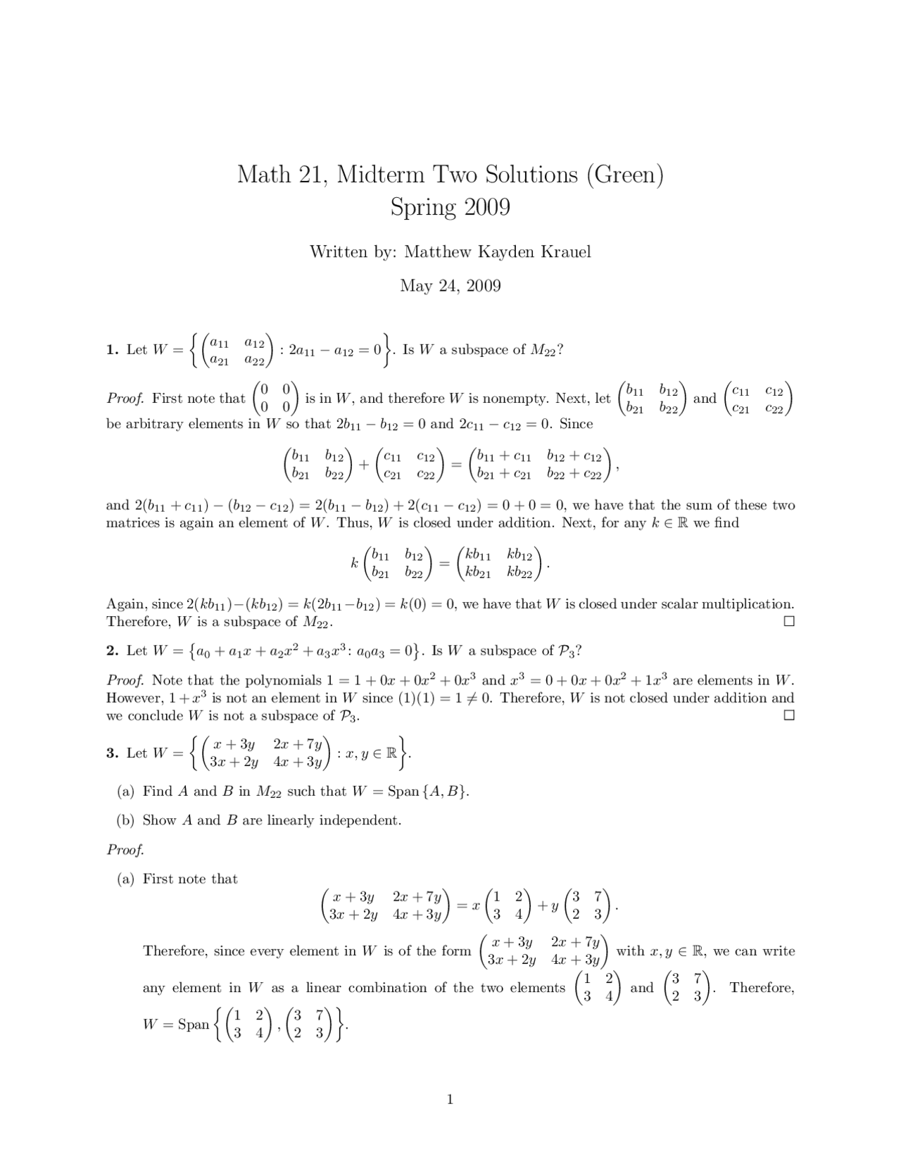 Midterm Exam 2 With Solution Linear Algebra Math 21 Docsity