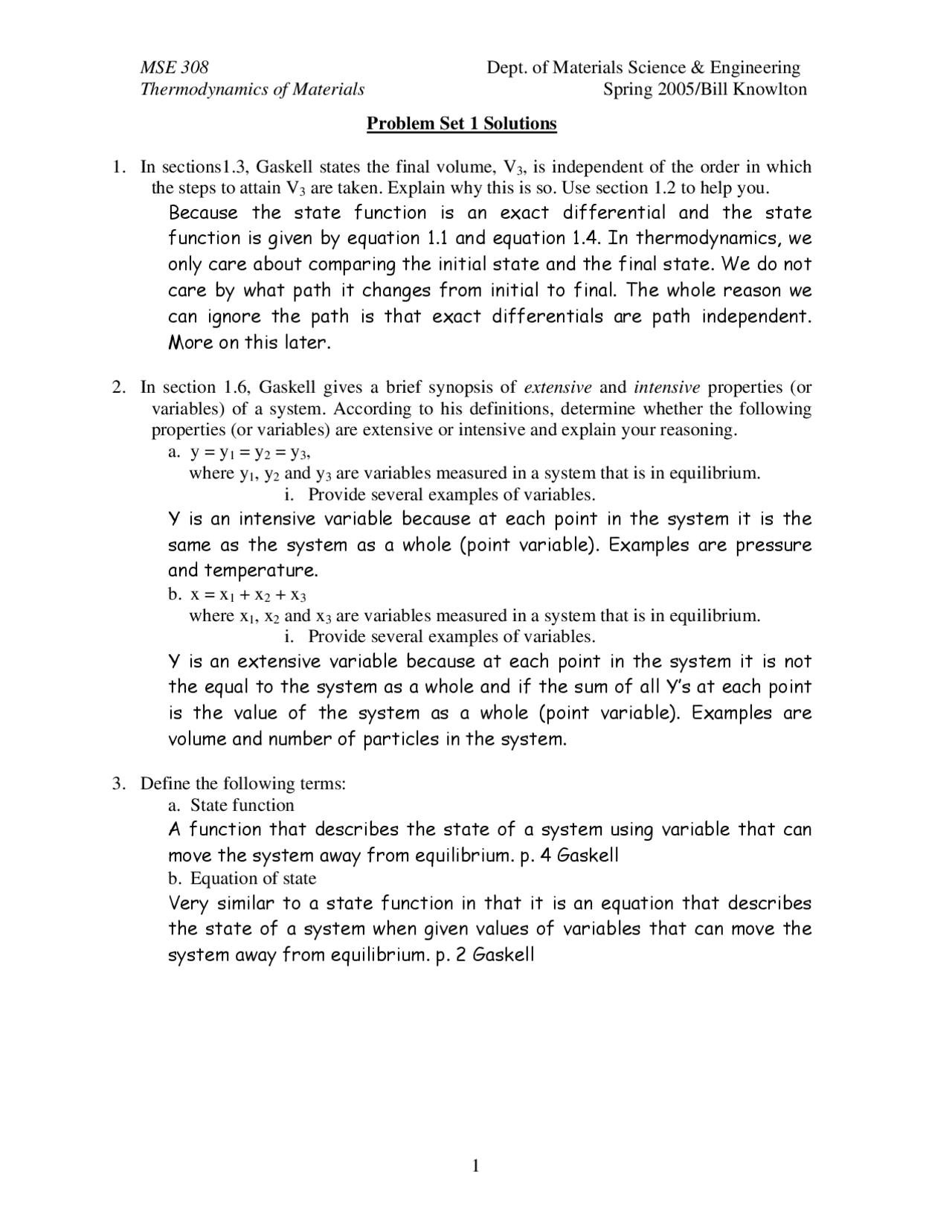 Problem Set 1 Solutions Thermodynamics Of Materials Mse 308 Docsity