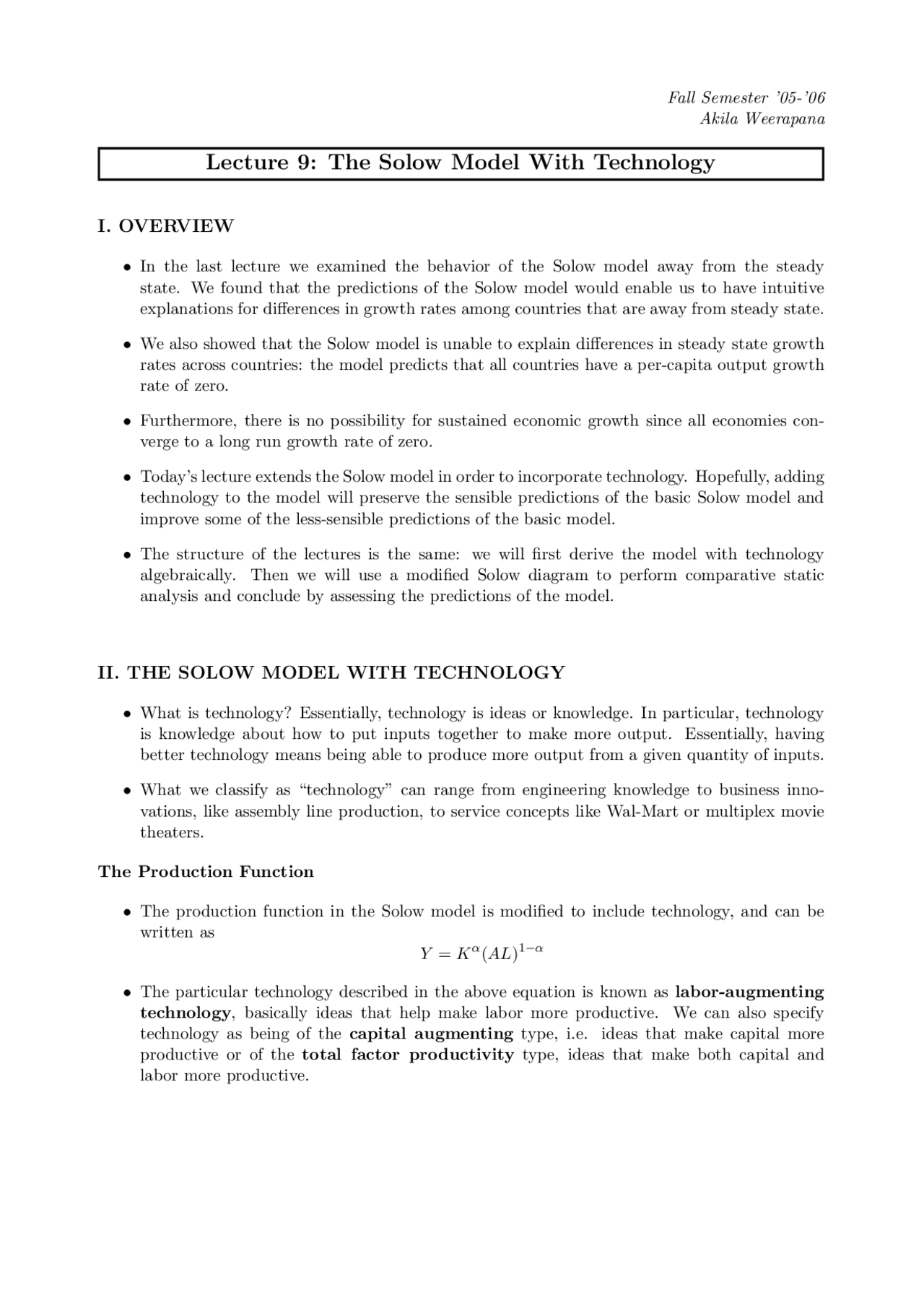 The Solow Model With Technology Lecture Notes Econ 202 Docsity