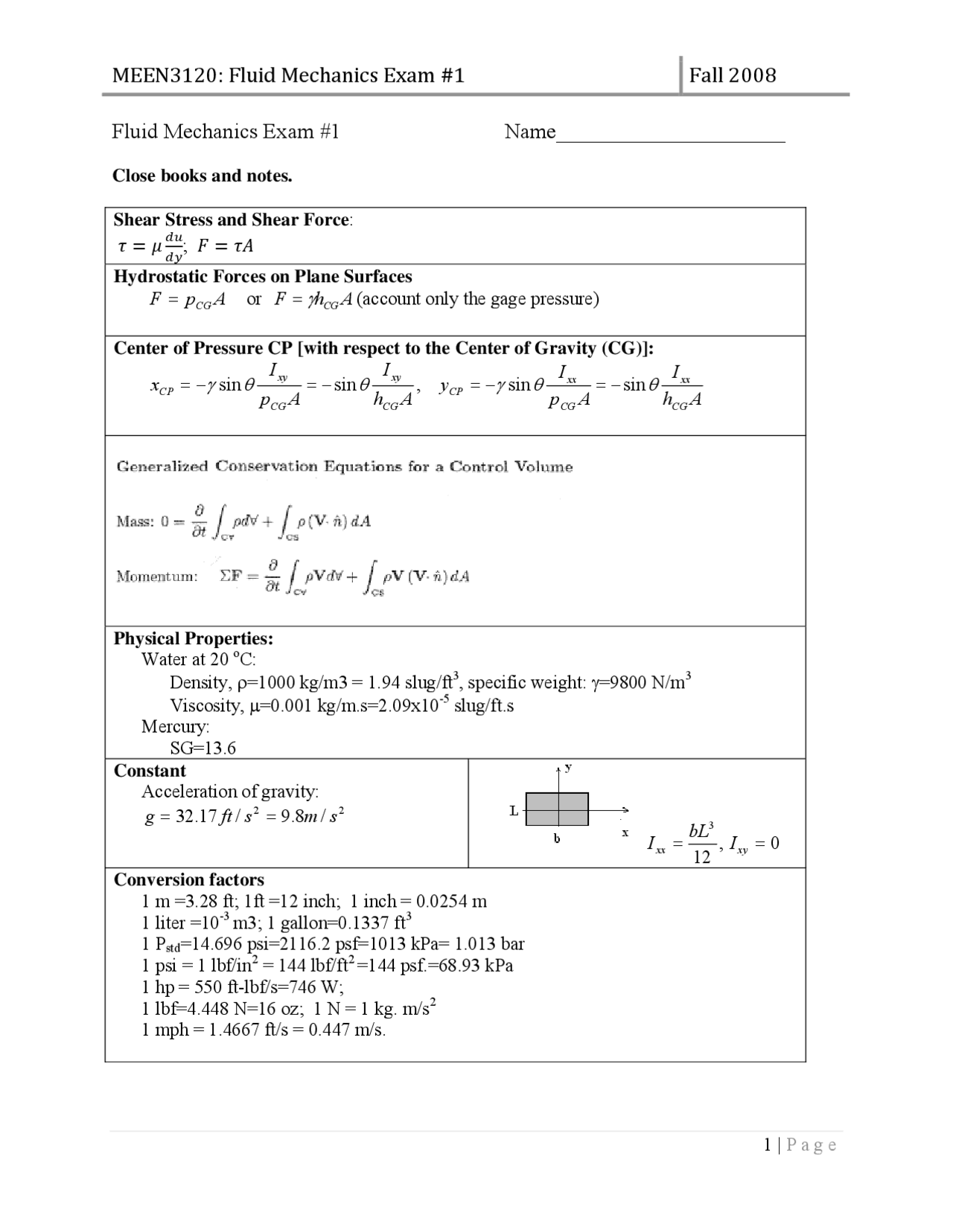 Exam 1 Questions - Fluid Mechanics - Fall 2008 | MEEN 3120 - Docsity