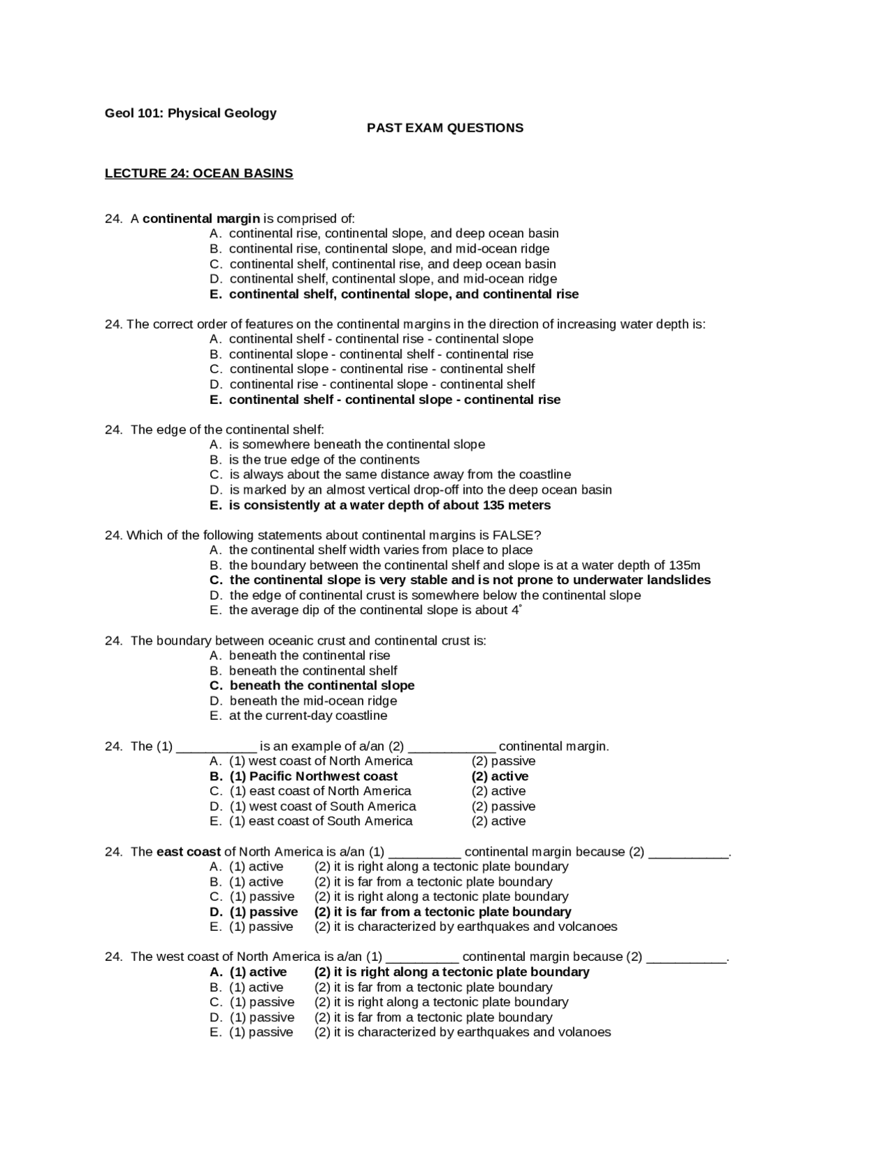 Ocean Basins Past Examination Practice Questions Geol 101 Docsity