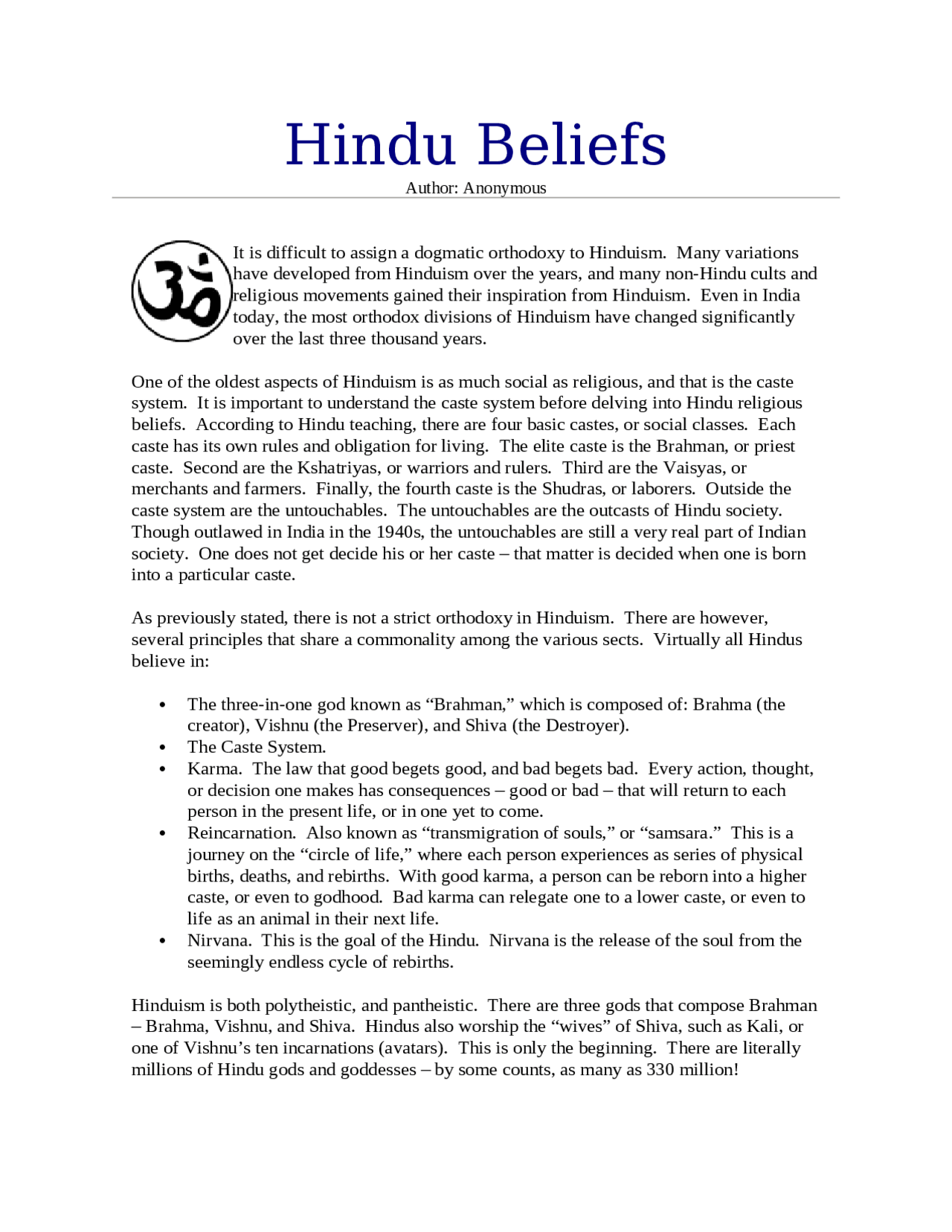 a Brief Notes on Hindu Beliefs | MATH 1319 | Study notes Mathematics ...