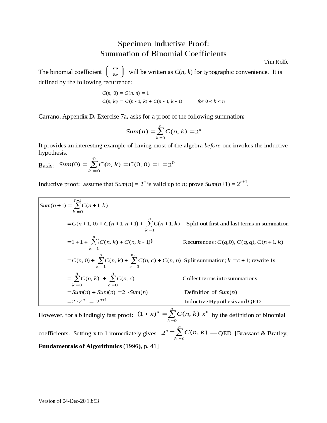 Specimen Inductive Proof Summation Of Binomial Coefficients Cscd 320