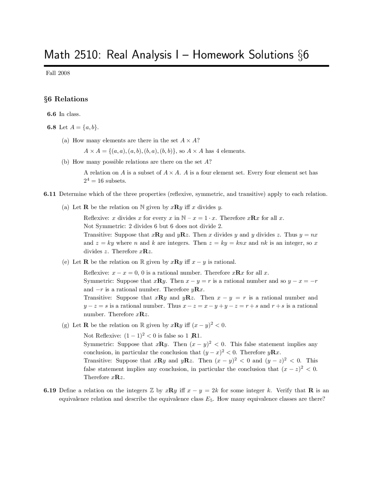 Real Analysis I Homework Solutions Fall 2008 Math 2510 Docsity