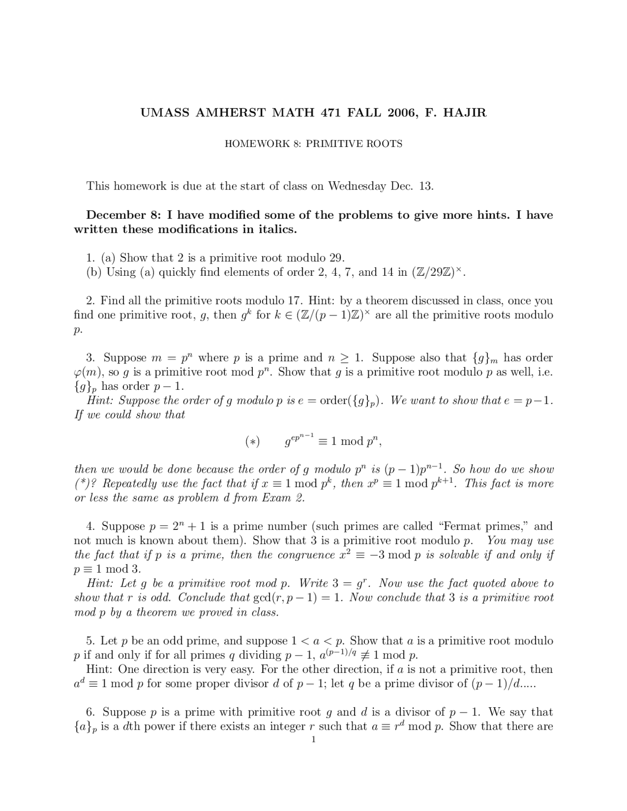Primitive Roots - Theory of Numbers - Homework 8 | MATH 471 - Docsity