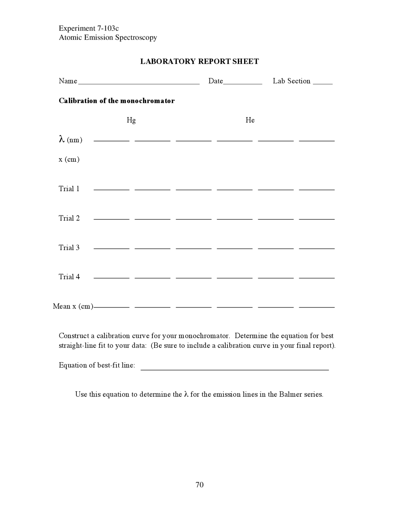 Atomic Emission Spectroscopy - Laboratory Report Sheet | CHEM 101 - Docsity