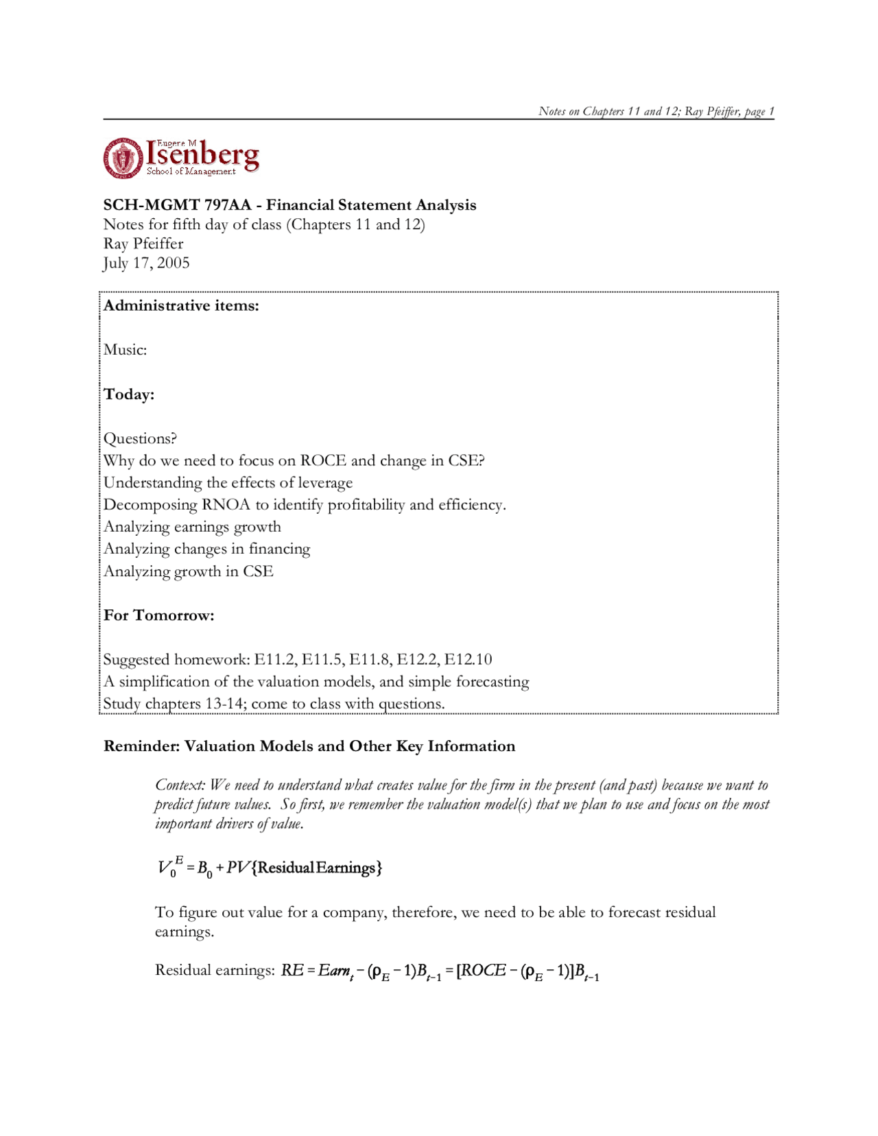 Valuation Model On Financial Statement Analysis Sch Docsity