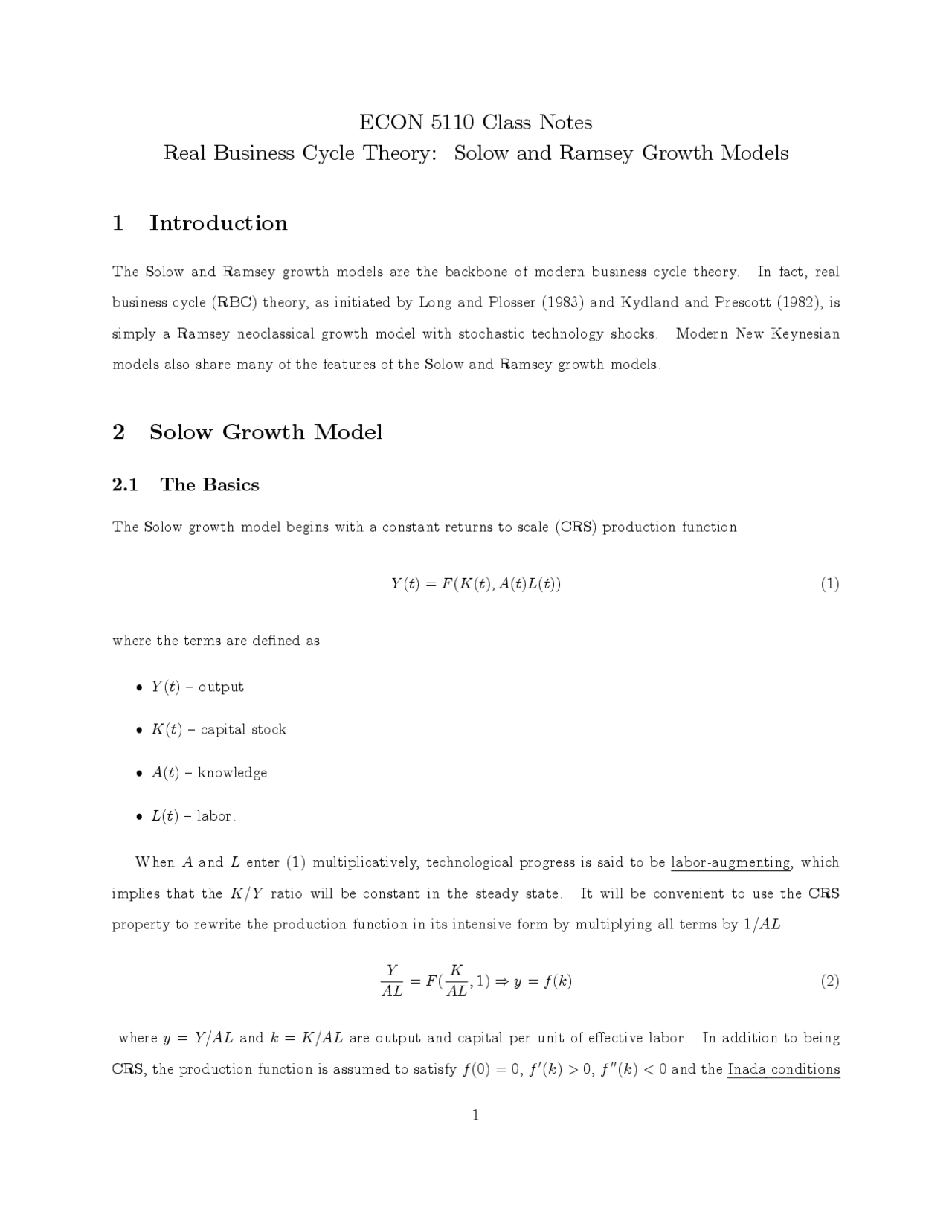 Real Business Cycle Theory Slow and Ramsey Growth Model | ECON 5110 ...