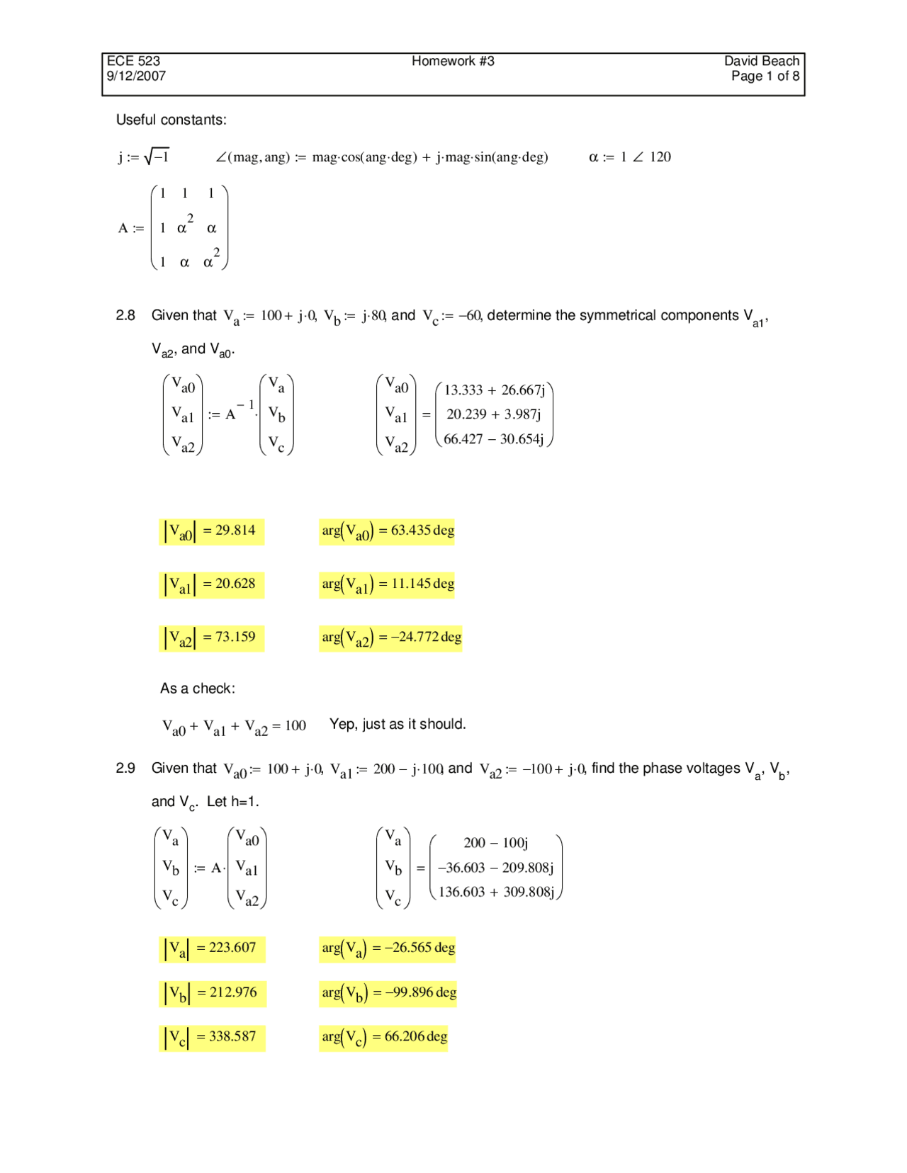 Symmetrical Components Solutions To Homework 3 Ece 523 Docsity