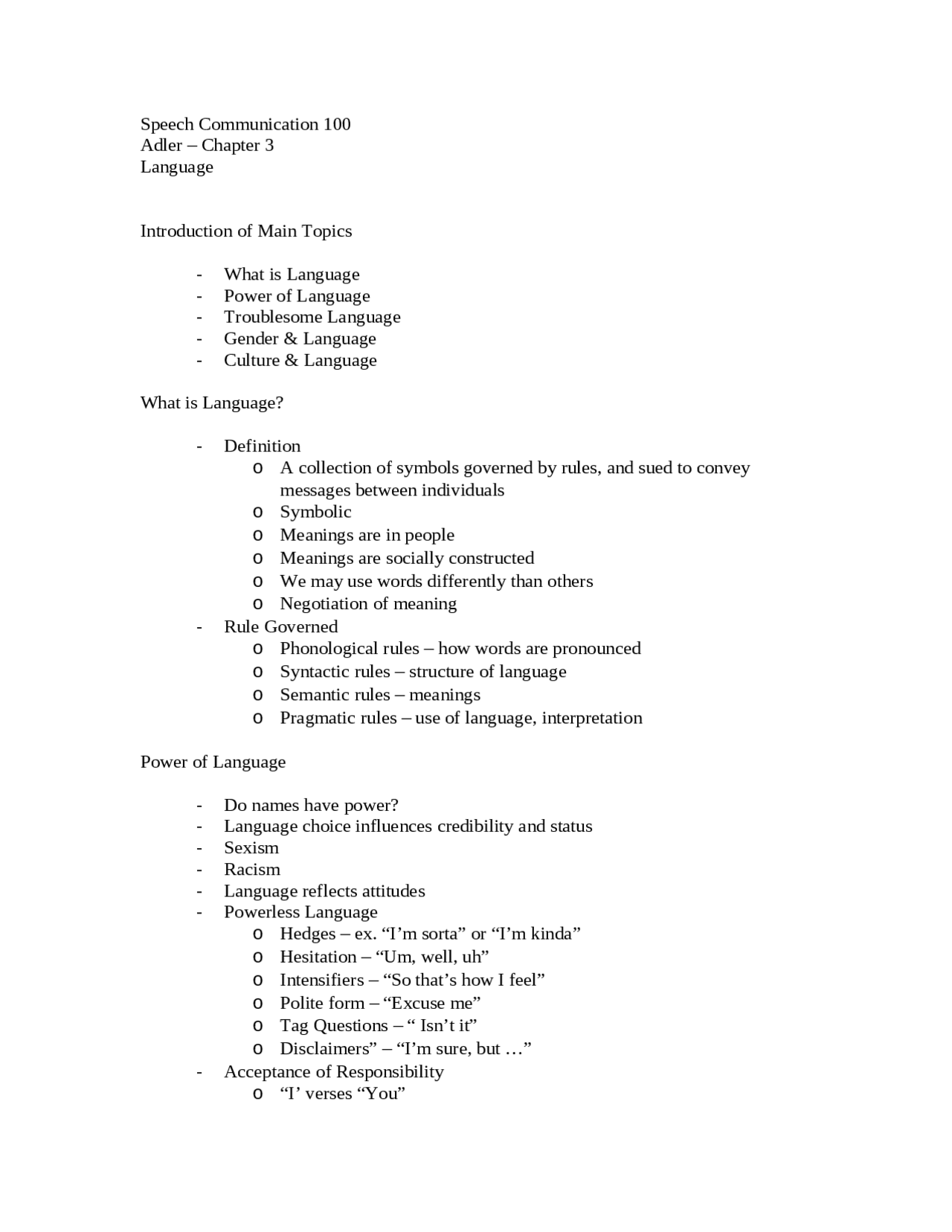 Chapter 3 Language Lecture Notes Hcom 100 Docsity