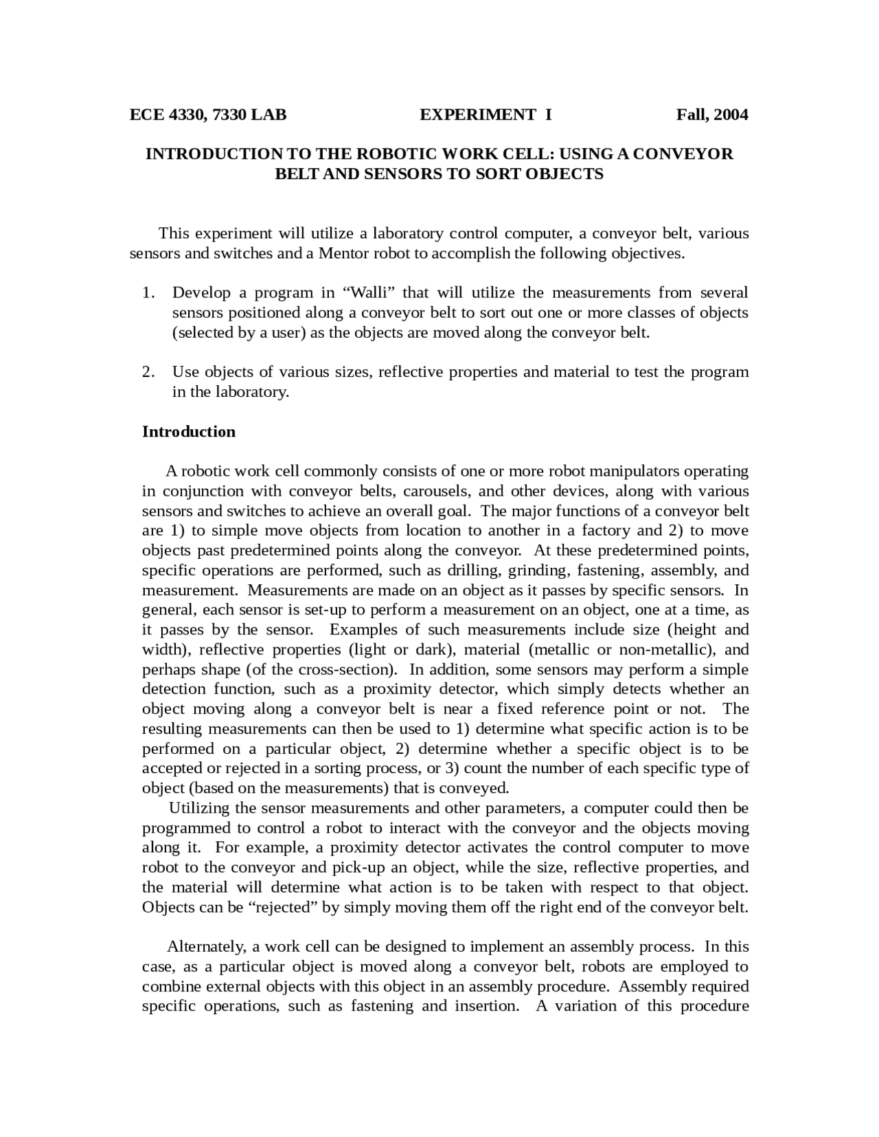 Introduction To The Robotic Work Cell Using A Conveyor Belt Ece 4330