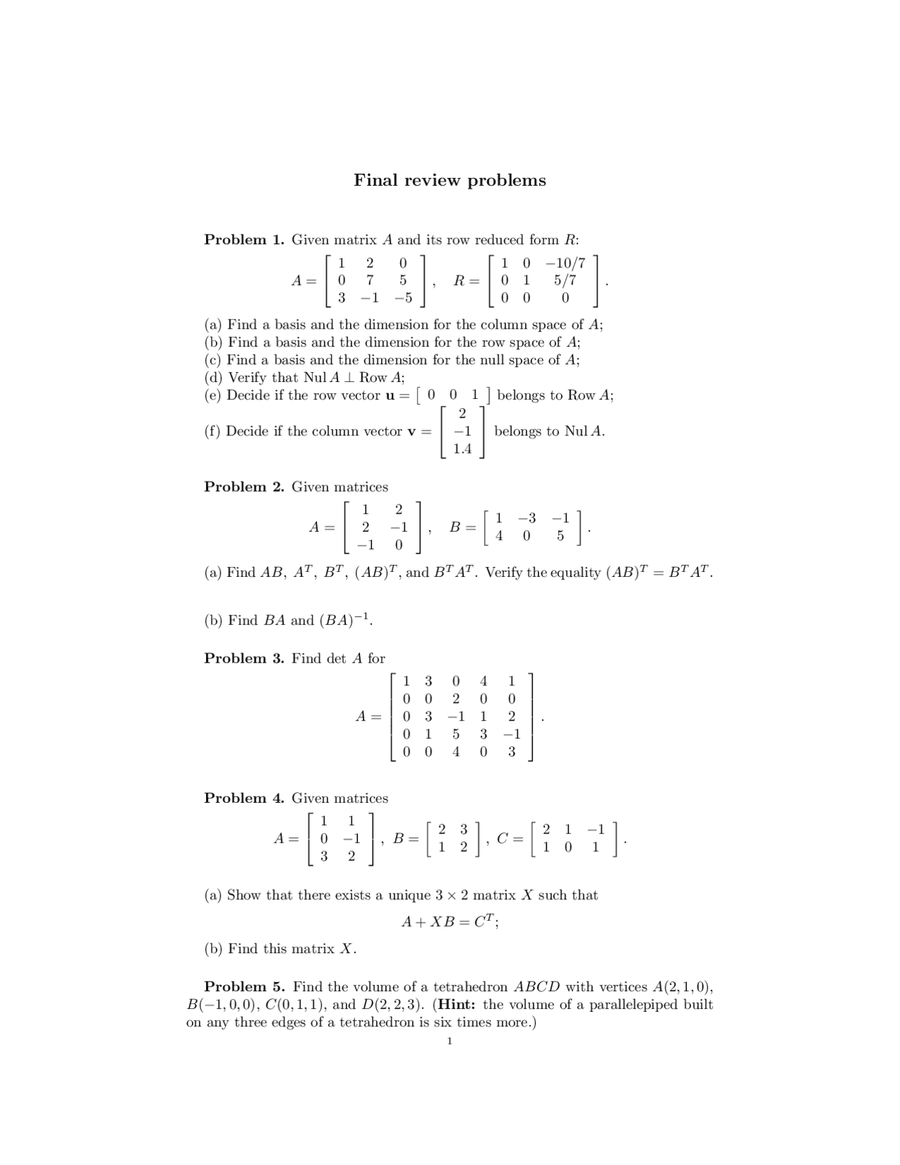 Past Final Exam Review Problems - Linear Algebra | MATH 201 - Docsity