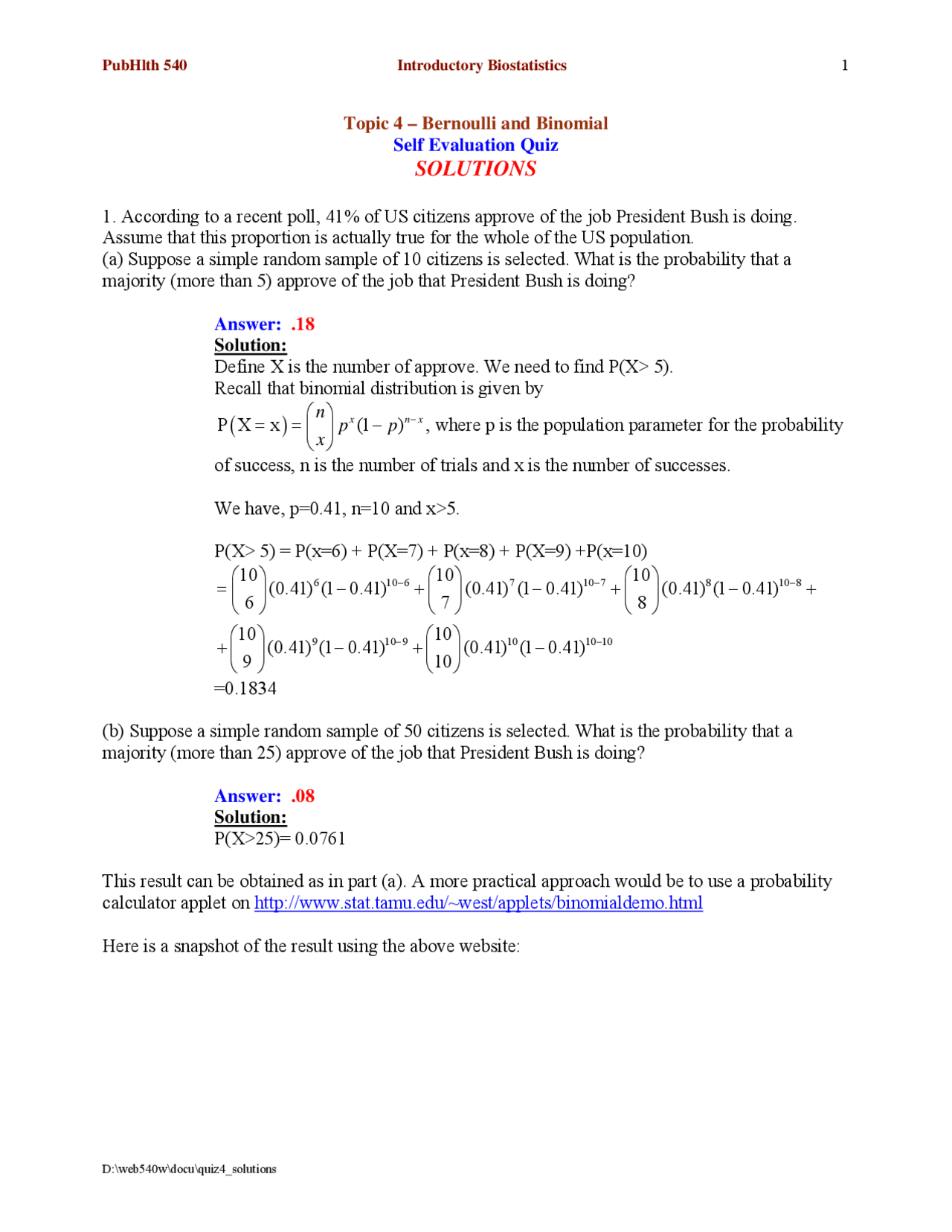 Solved Self Quiz - Bernoulli and Binomial | PUBHLTH 540 | Quizzes Biostatistics | Docsity