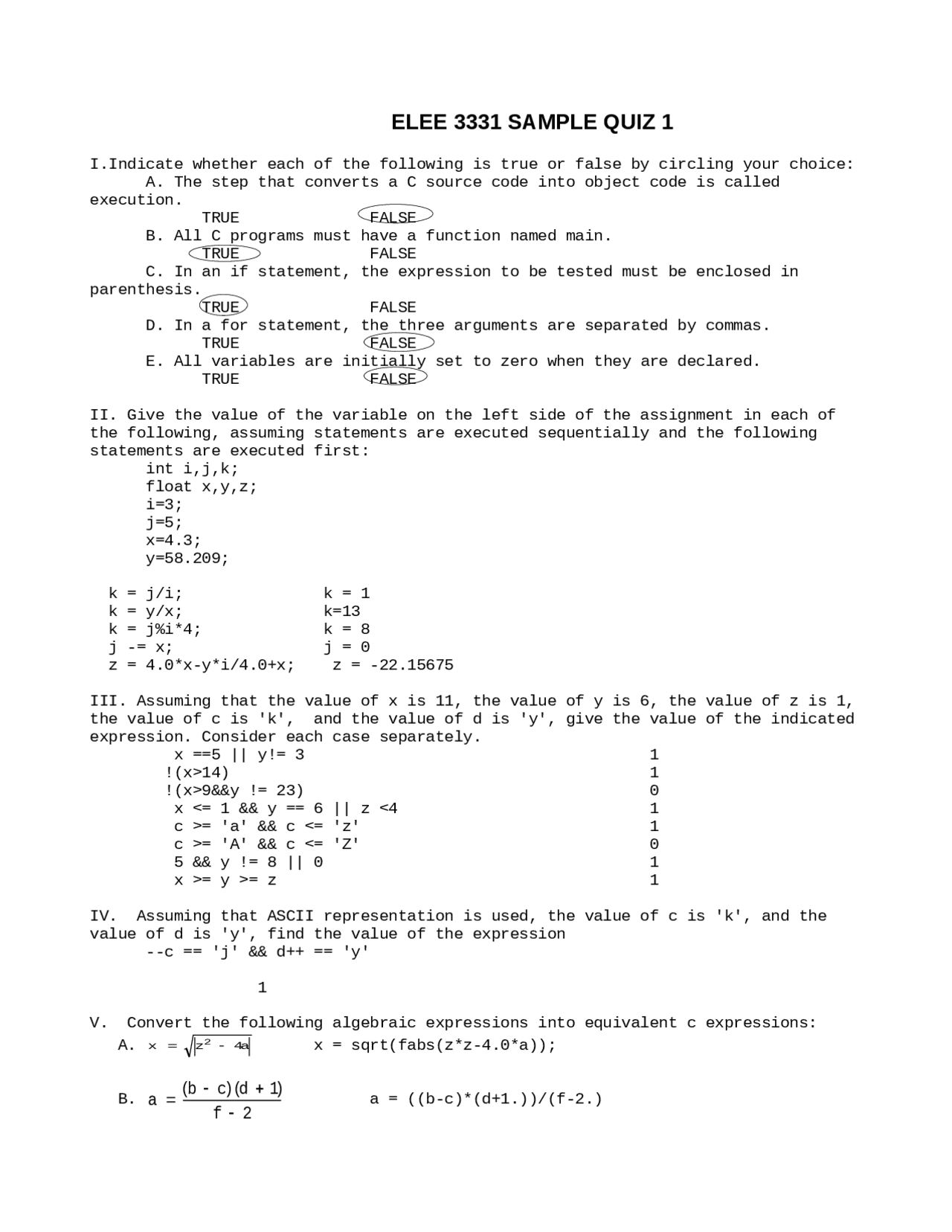 Sample Quiz 1 With Answers Program Applied In Electronics Computer