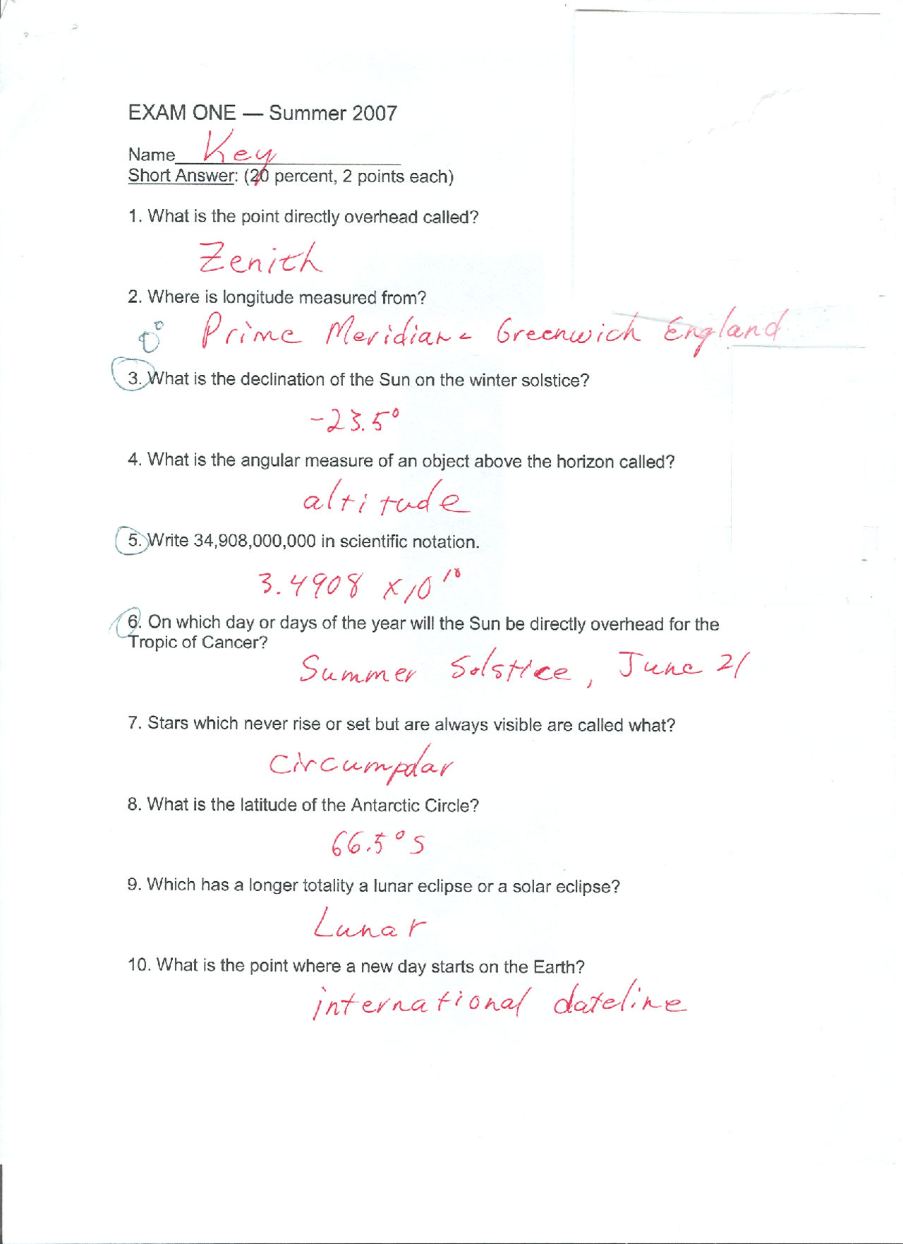 Exam 1 With Answer Key Astronomy Of Solar System Astr 101 Docsity