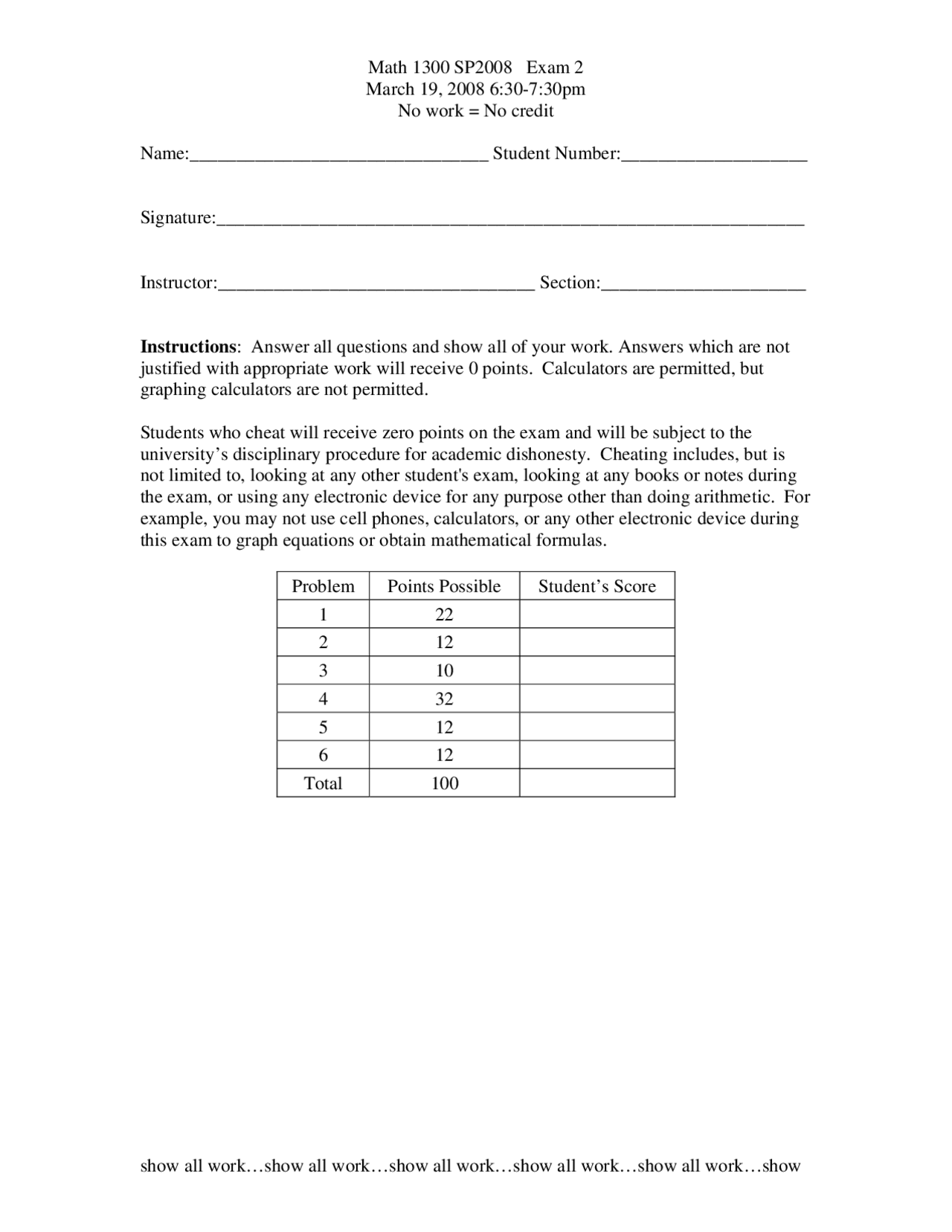 Exam 2 Spring 2008 Finite Mathematics Math 1300 Docsity