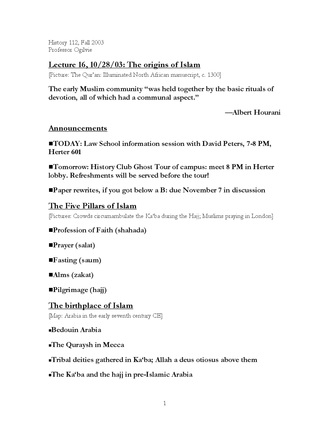 The Origins of Islam - Lecture Notes | HISTORY 112 | Study notes ...
