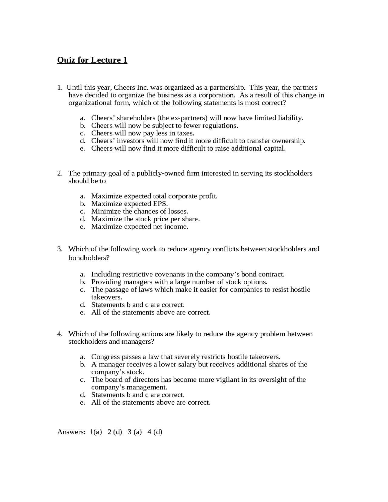 4 Questions Quiz Theory Of Corporate Finance Fin 332 Docsity