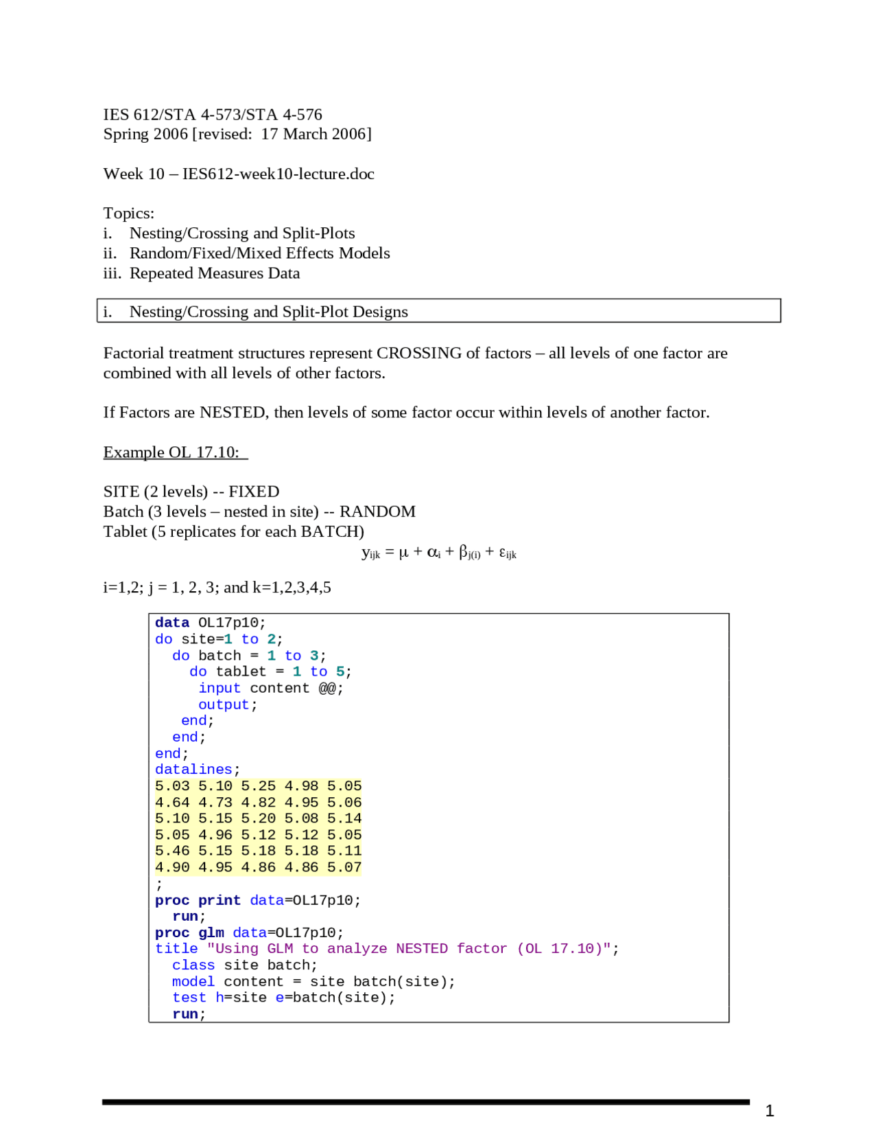 Nesting and Crossing and Split Plot Designs - Study Guide | IES 612 ...