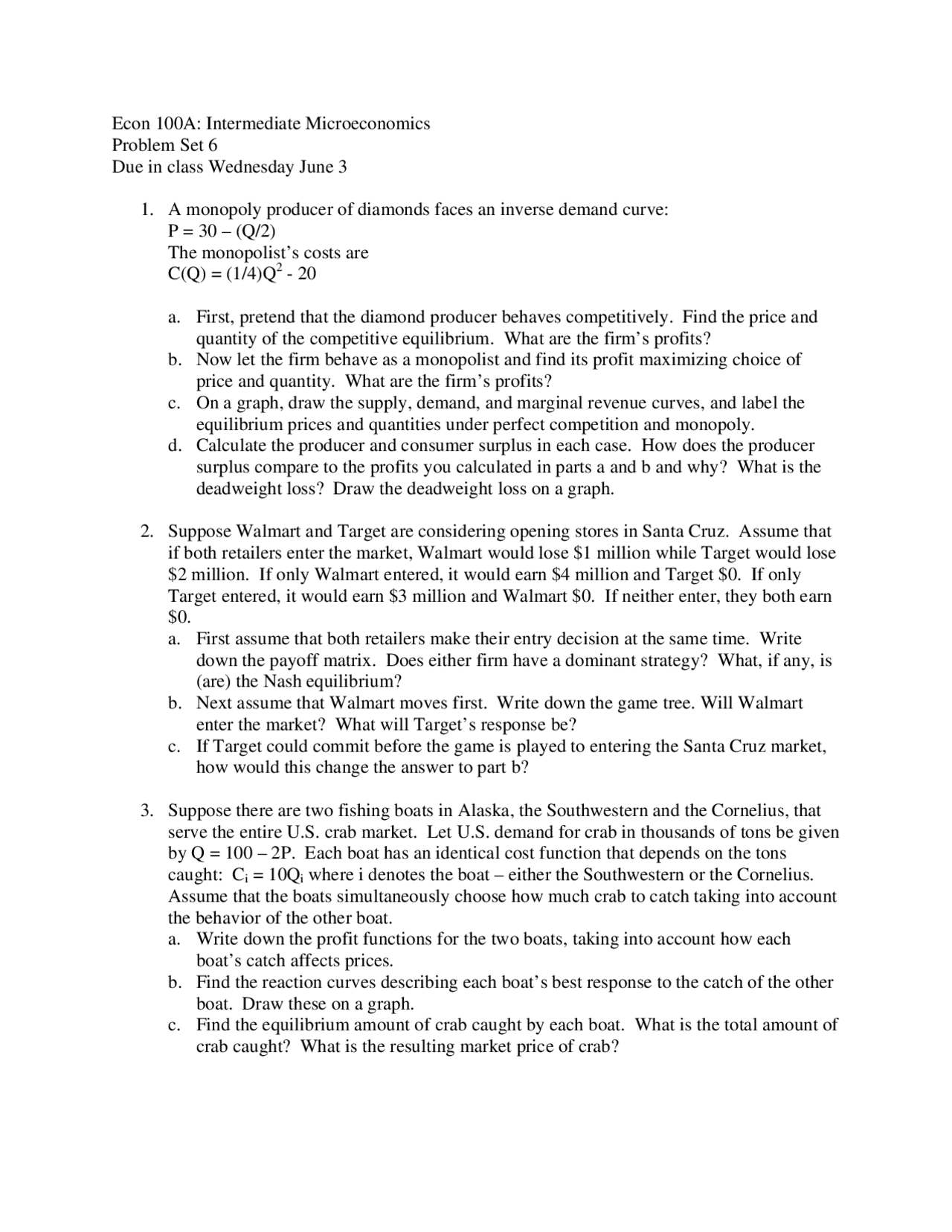 Intermediate Microeconomics Problem Set 3 Econ 100 Docsity