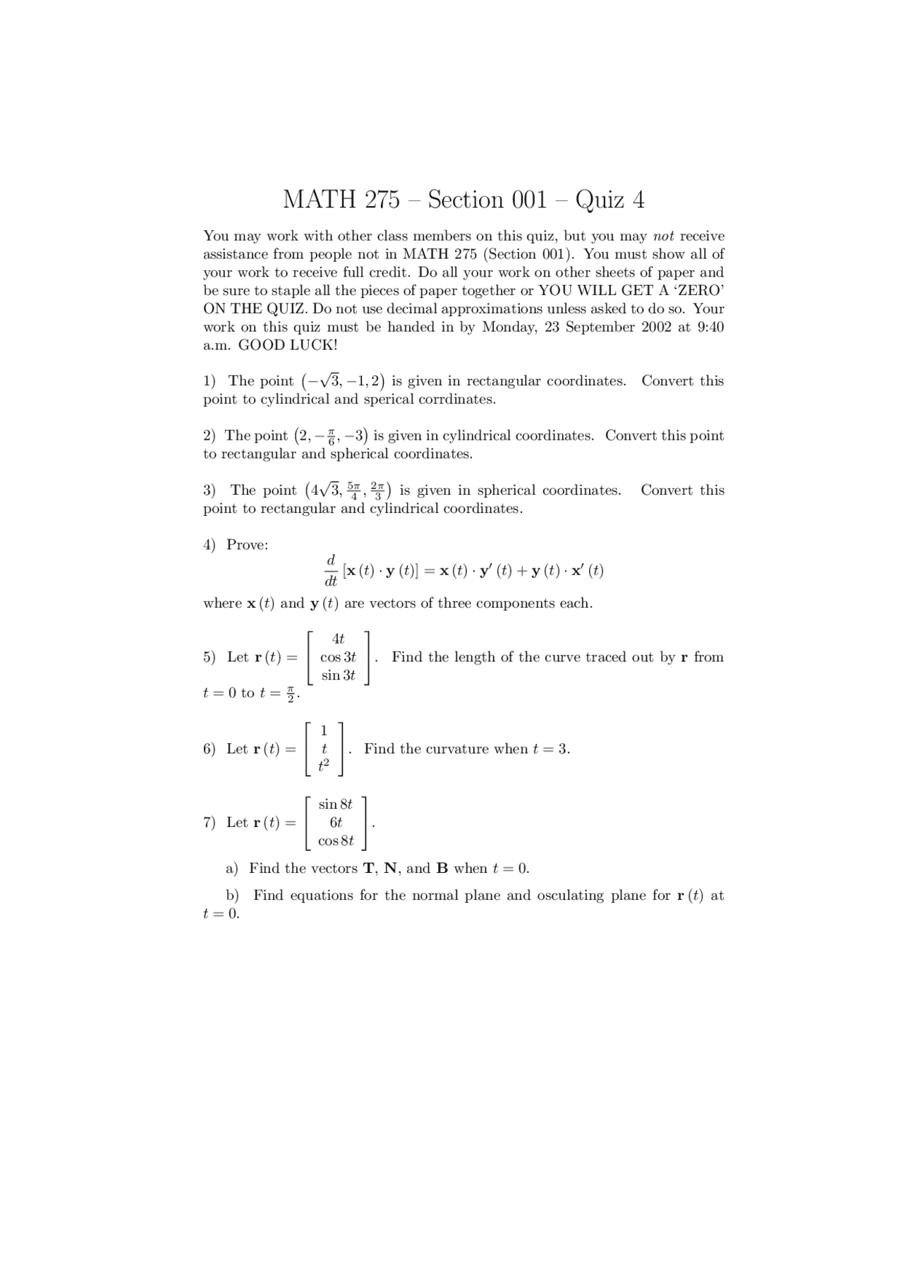 Practice Quiz 4 Multivariable And Vector Calculus Math 275 Docsity