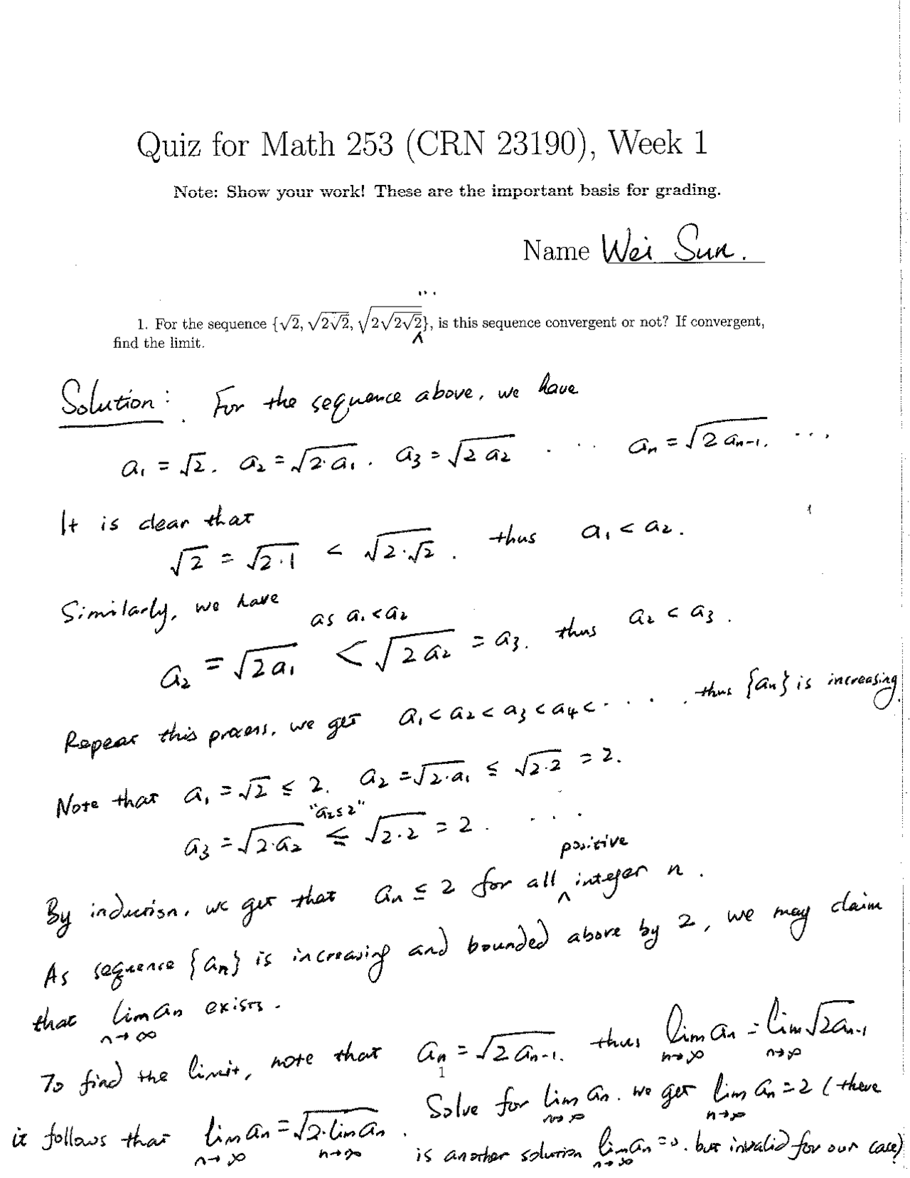 Solution Of Quiz To Find The Sequence Calculus Iii Math 253 Docsity