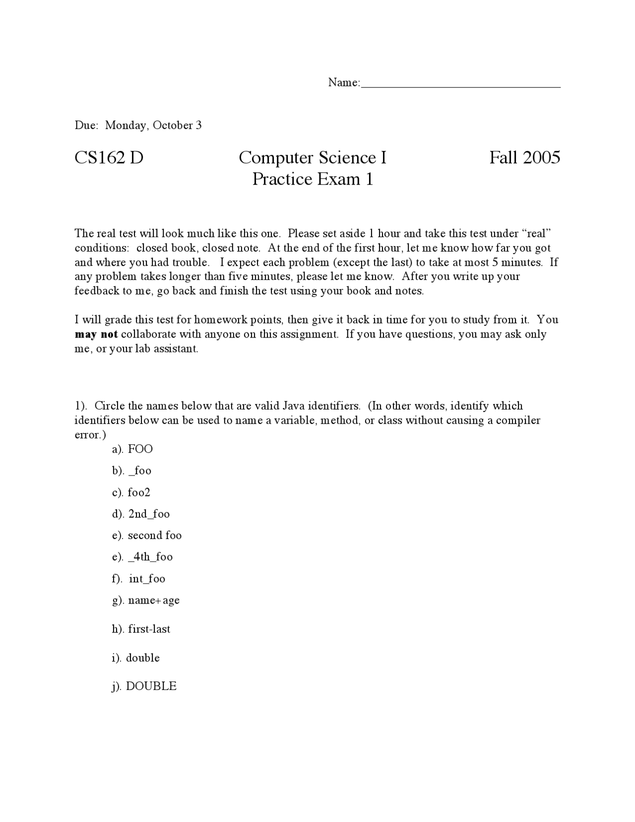 Cs162 Practice Exam 1 For Computer Science I Fall 2005 Exams Computer Science Docsity