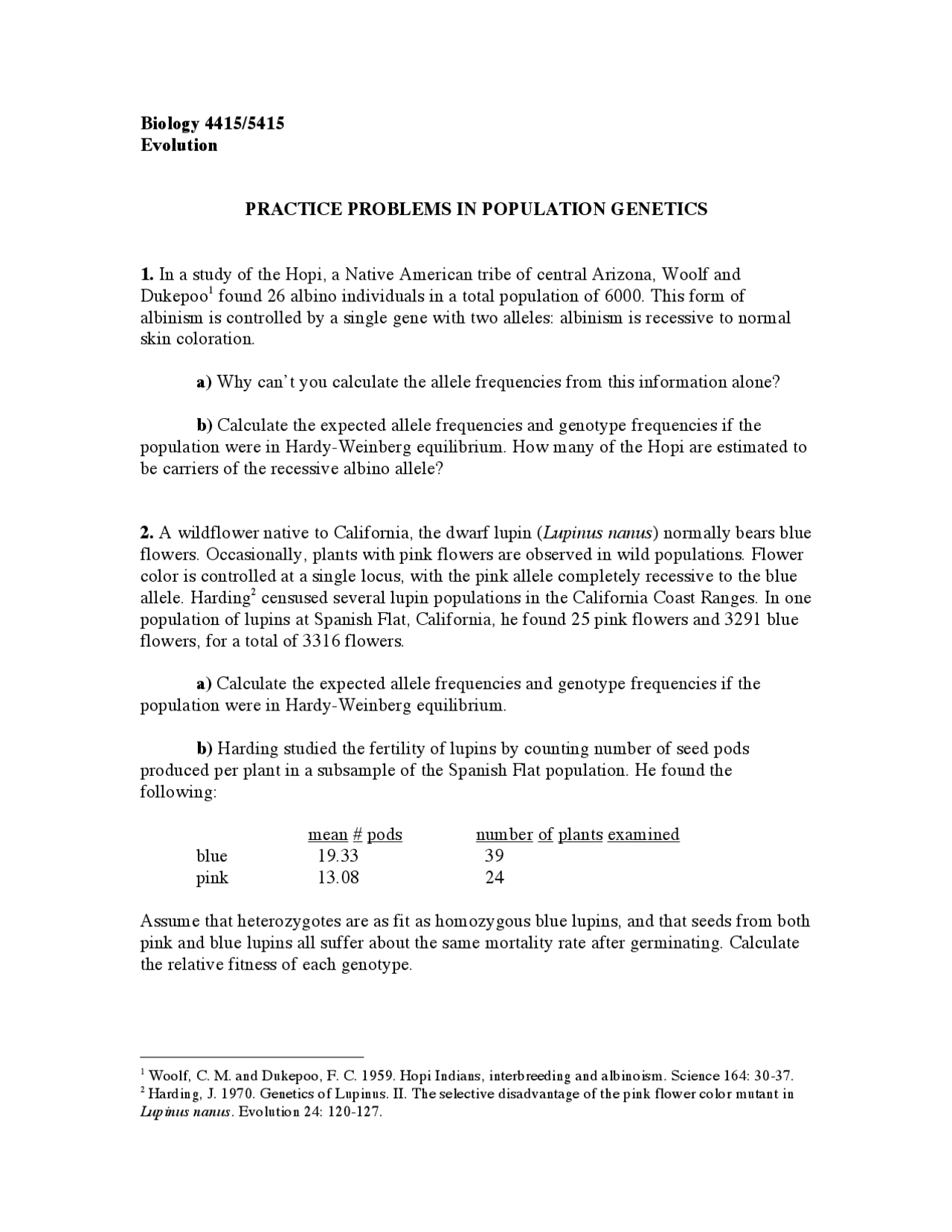 Practice Problems In Population Genetics Biol 4415 Docsity