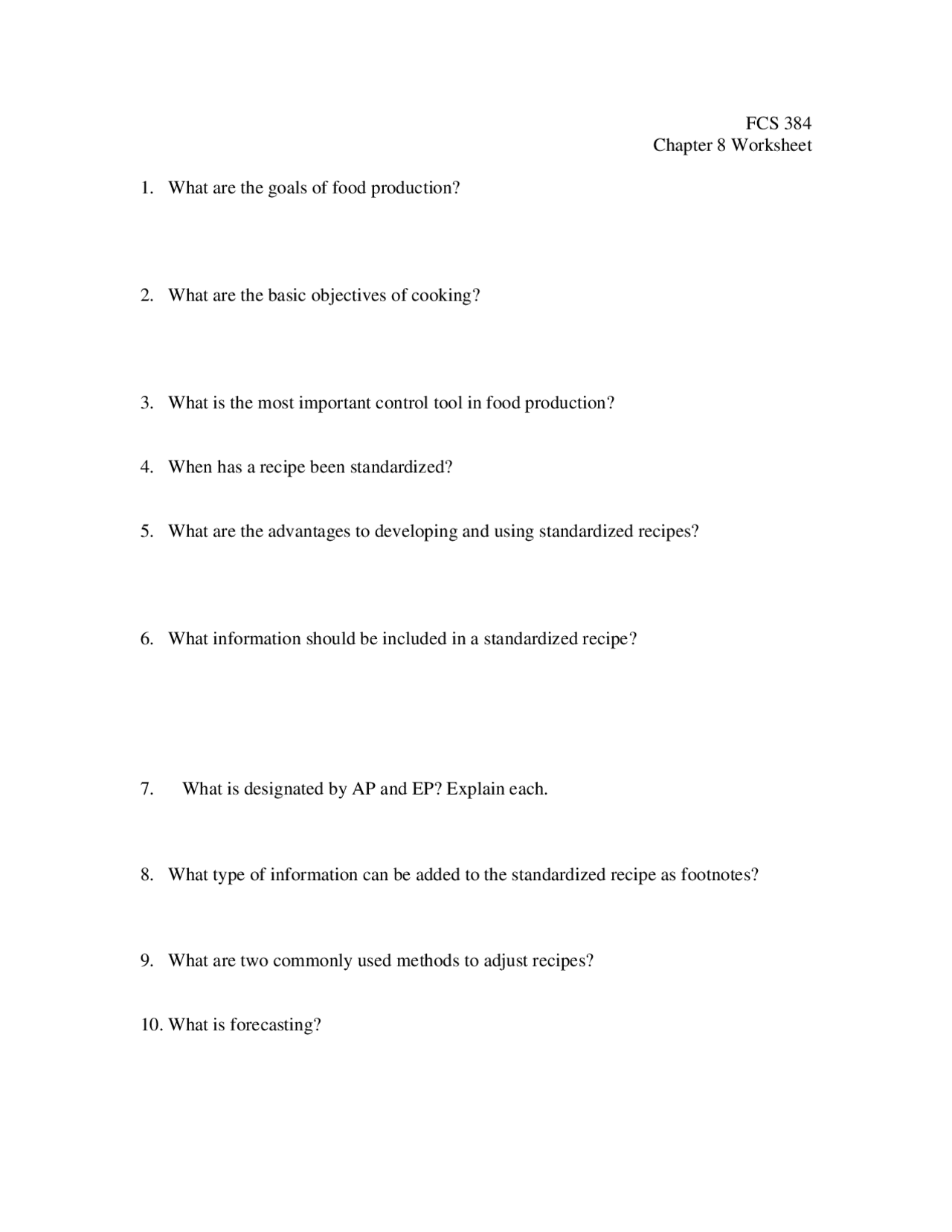 Food Production and Cooking: Goals, Objectives, Recipes, and ...