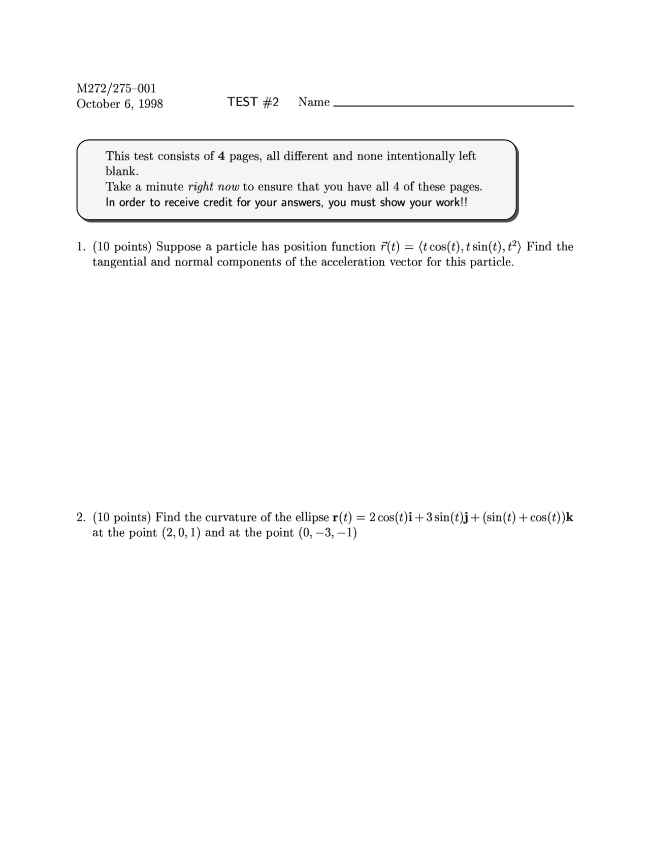 Practice Test 2 Fall 1998 Multivariable And Vector Calculus Math