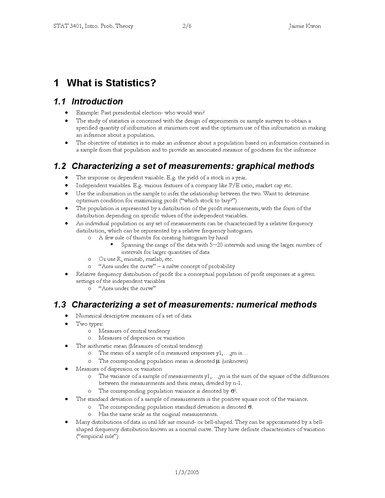 Introduction to Statistics: Characterizing A Set of Measurement | STAT 3401 - Docsity