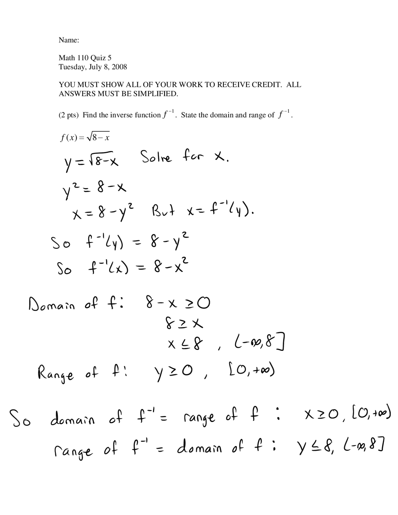 Sample Quiz 5 With Resolution Precalculus Math 110 Docsity