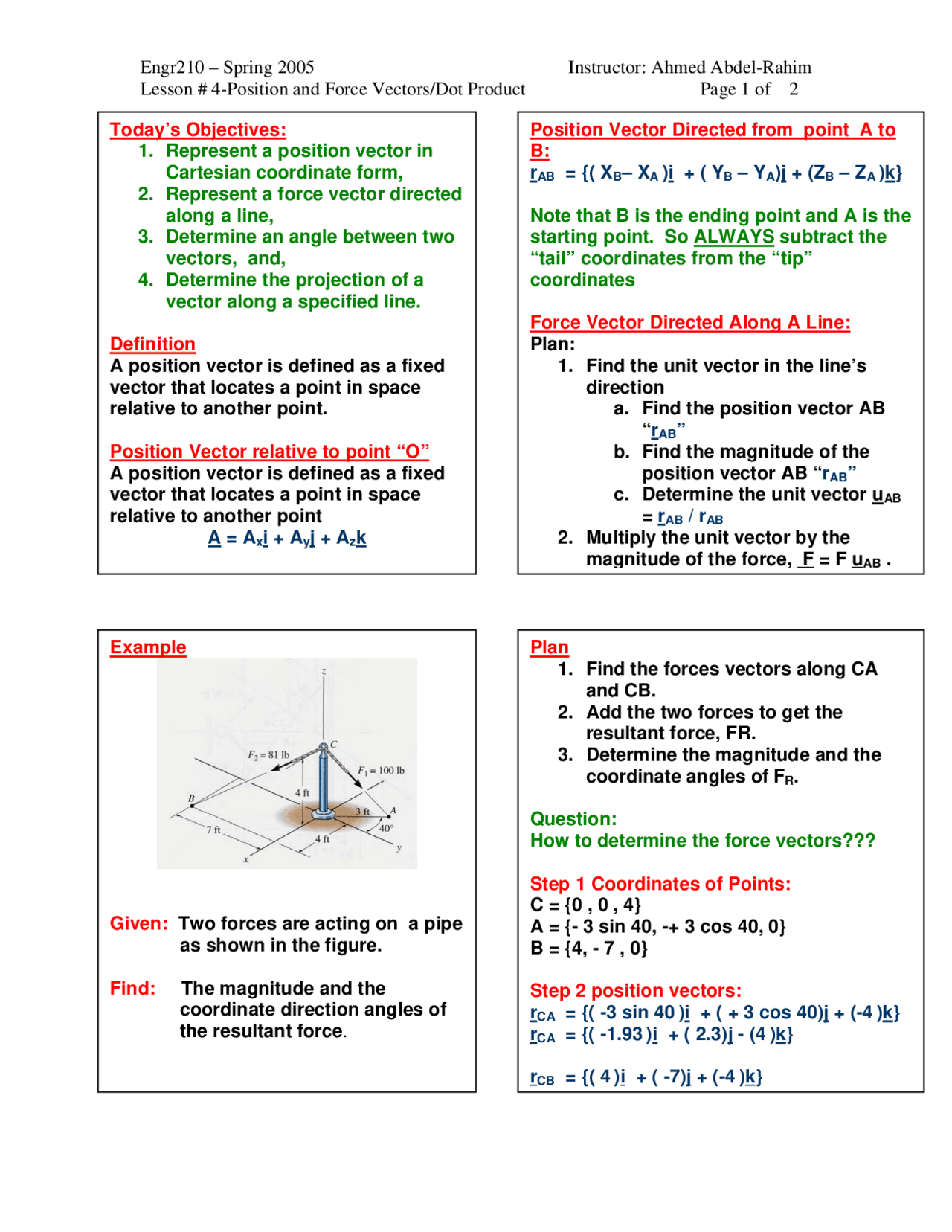 Slides on Position and Force Vectors and Dot Product | ENGR 210 - Docsity