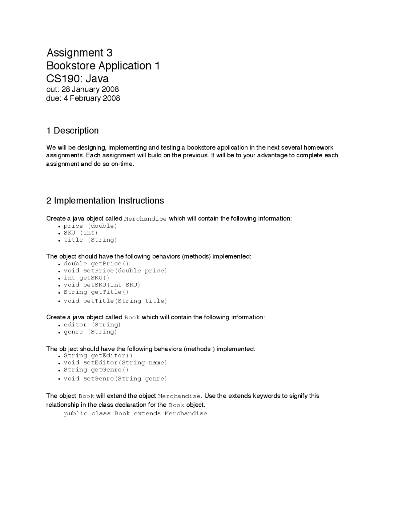 Assignment 3, Bookstore Application 1 for Java | CS 190 | Assignments Java Programming | Docsity
