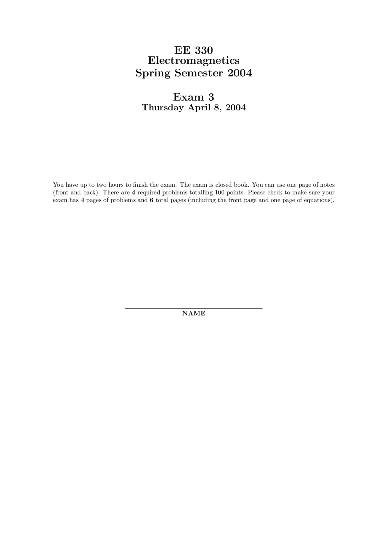 Unsolved Exam For Electromagnetic Theory Ece 330 Docsity