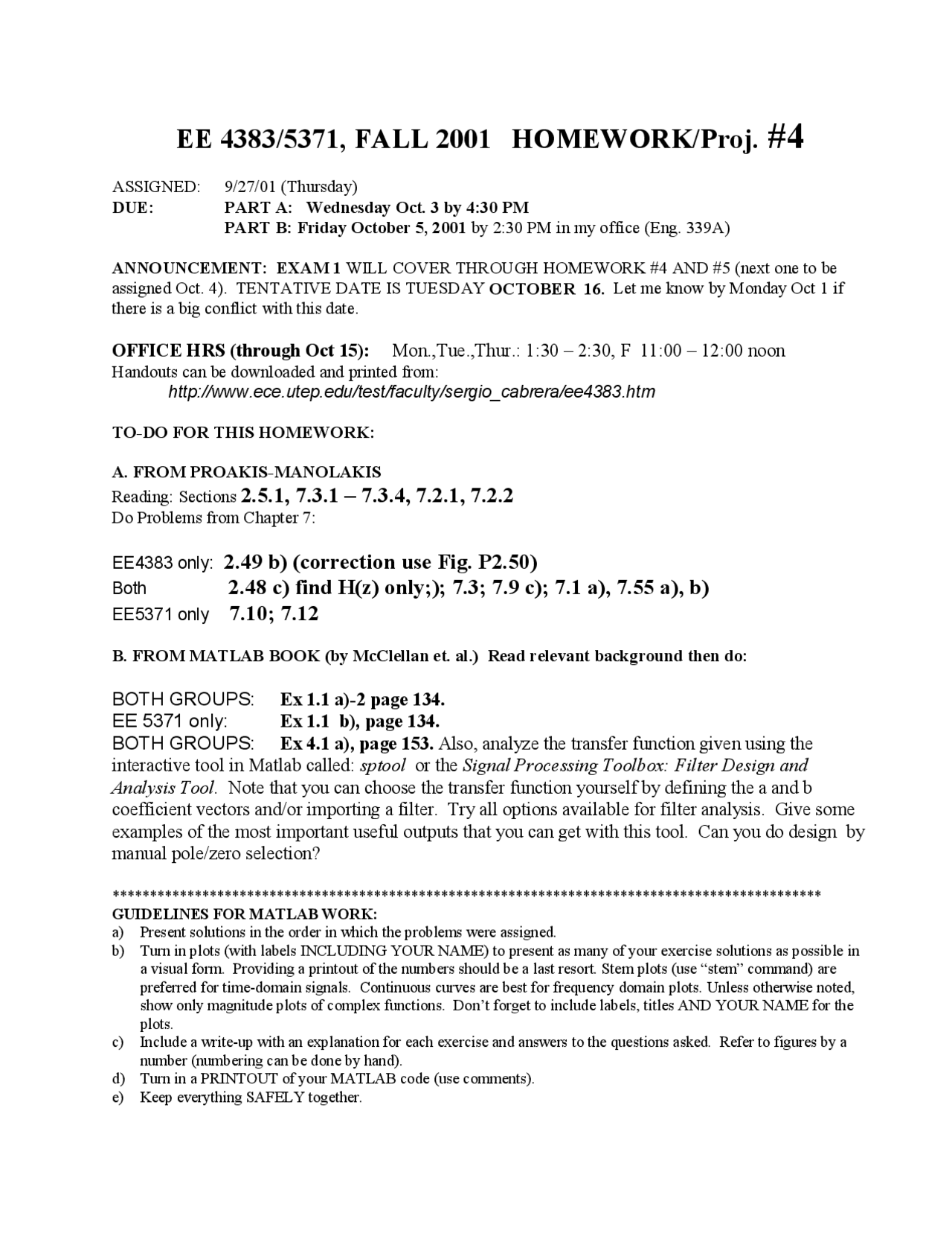 Digital Signal Processing Homework 4 Ee 4383 Docsity
