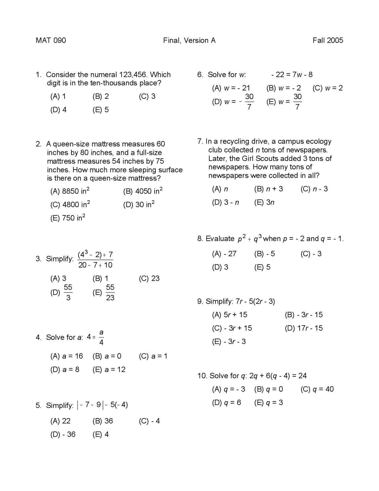 40 Multiple Choice Questions With Answer Key Final Exam MAT 090 40-multiple-choice-questions-with-answer-key-final-exam-mat-090