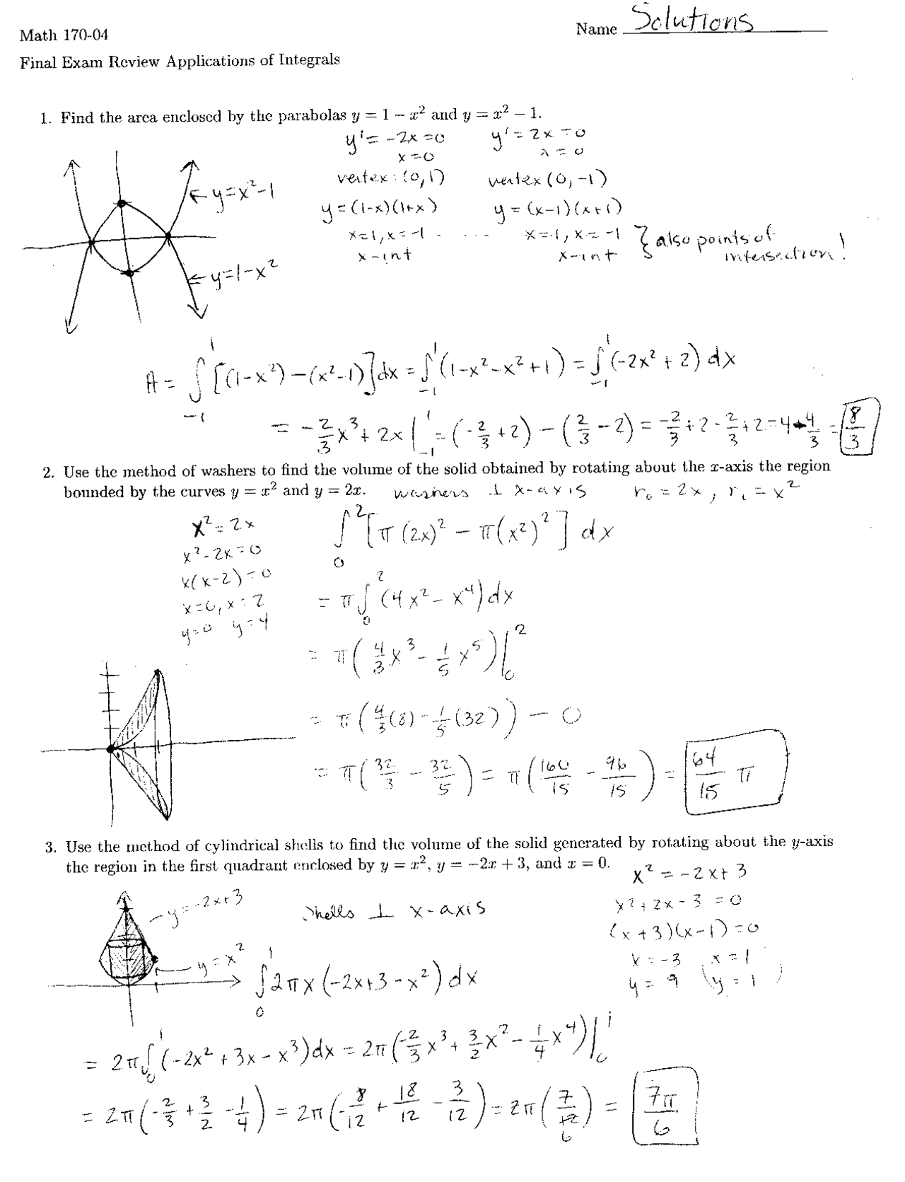 Final Exam Review Applications Of Integrals Solved Questions Math