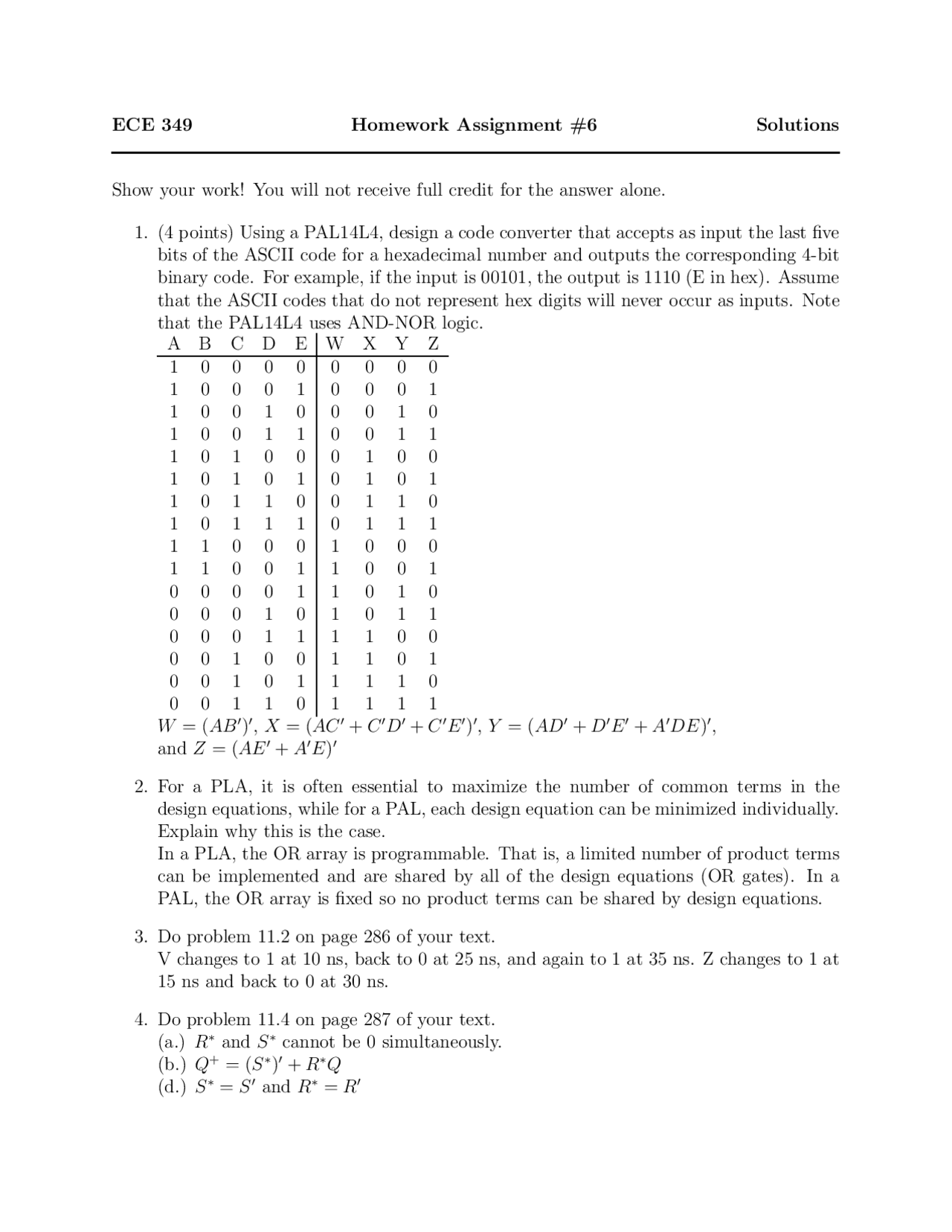 Background Study Digital Logic - Solutions to Assignment 6 | ECE 349 - Docsity