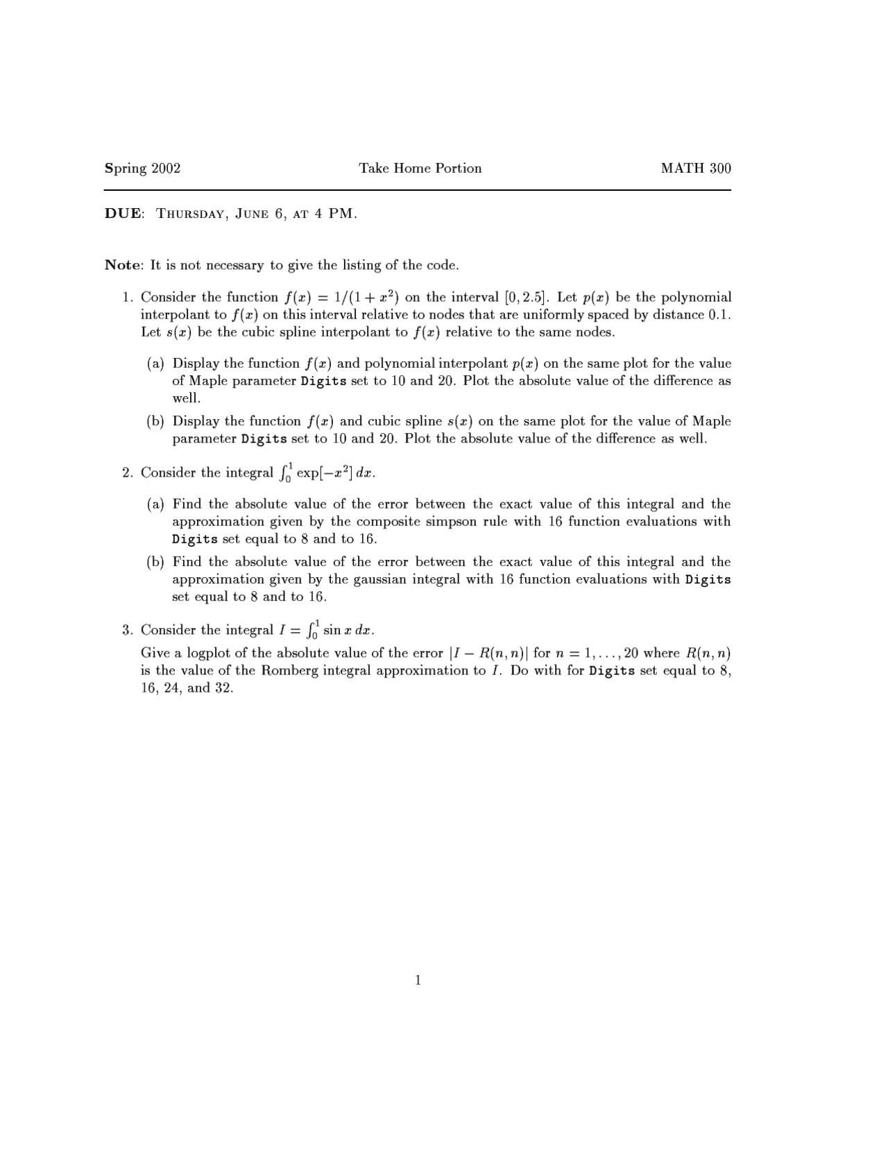 Take Home Exam - Numerical Analysis: A Computational Approach | MATH 300 | Exams Mathematical ...