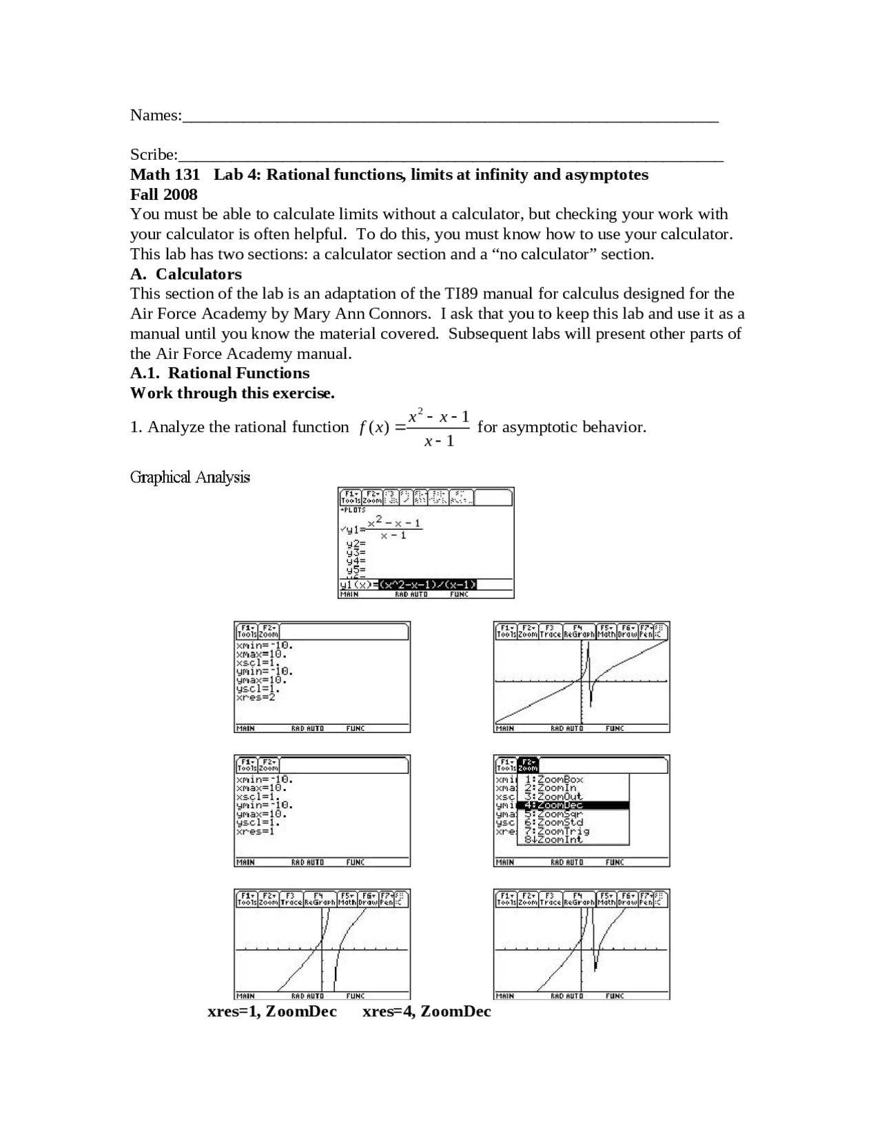 Rational Functions Limits At Infinity And Asymptotes Lab 4 Math