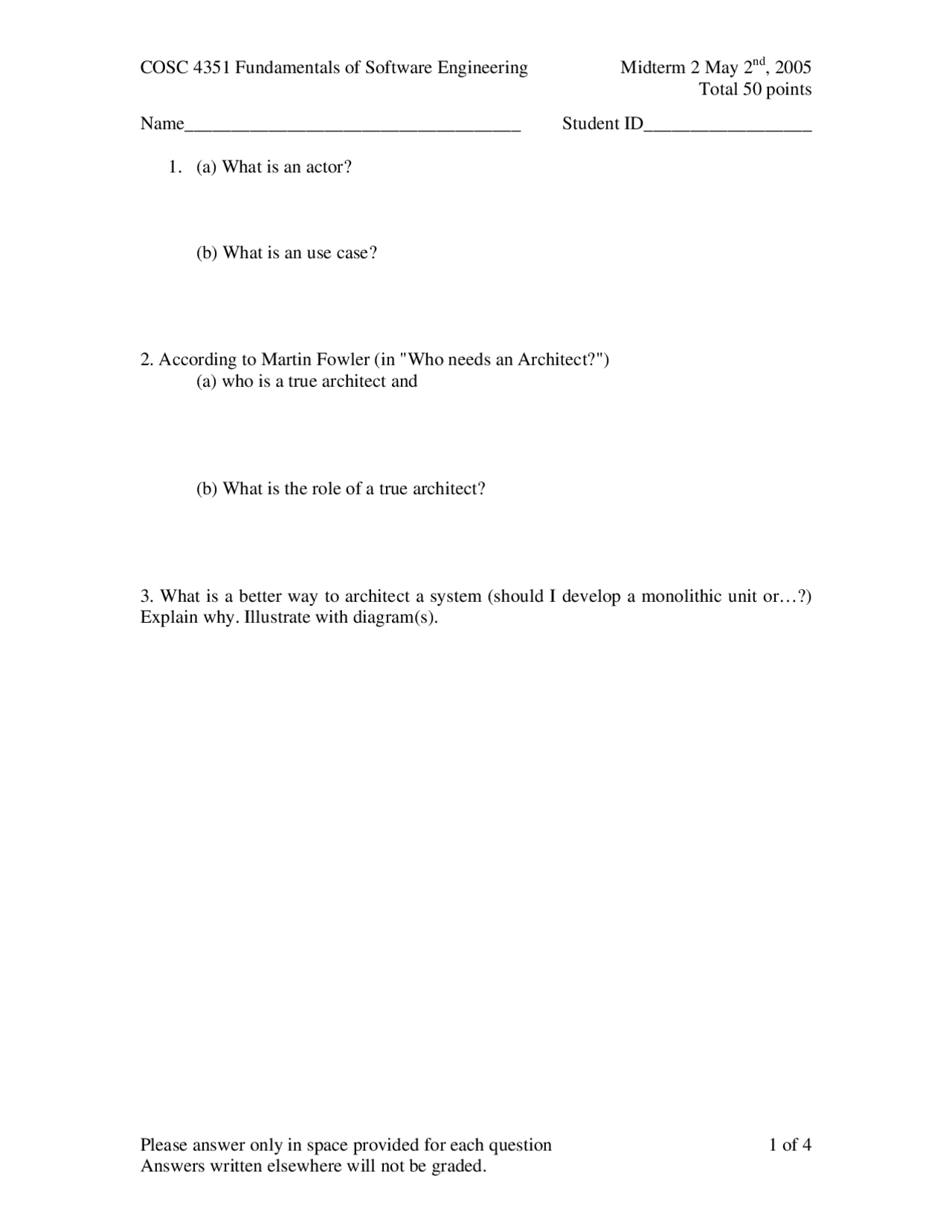 Midterm Exam 2 Fundamental Software Engineering Cosc 4351 Docsity