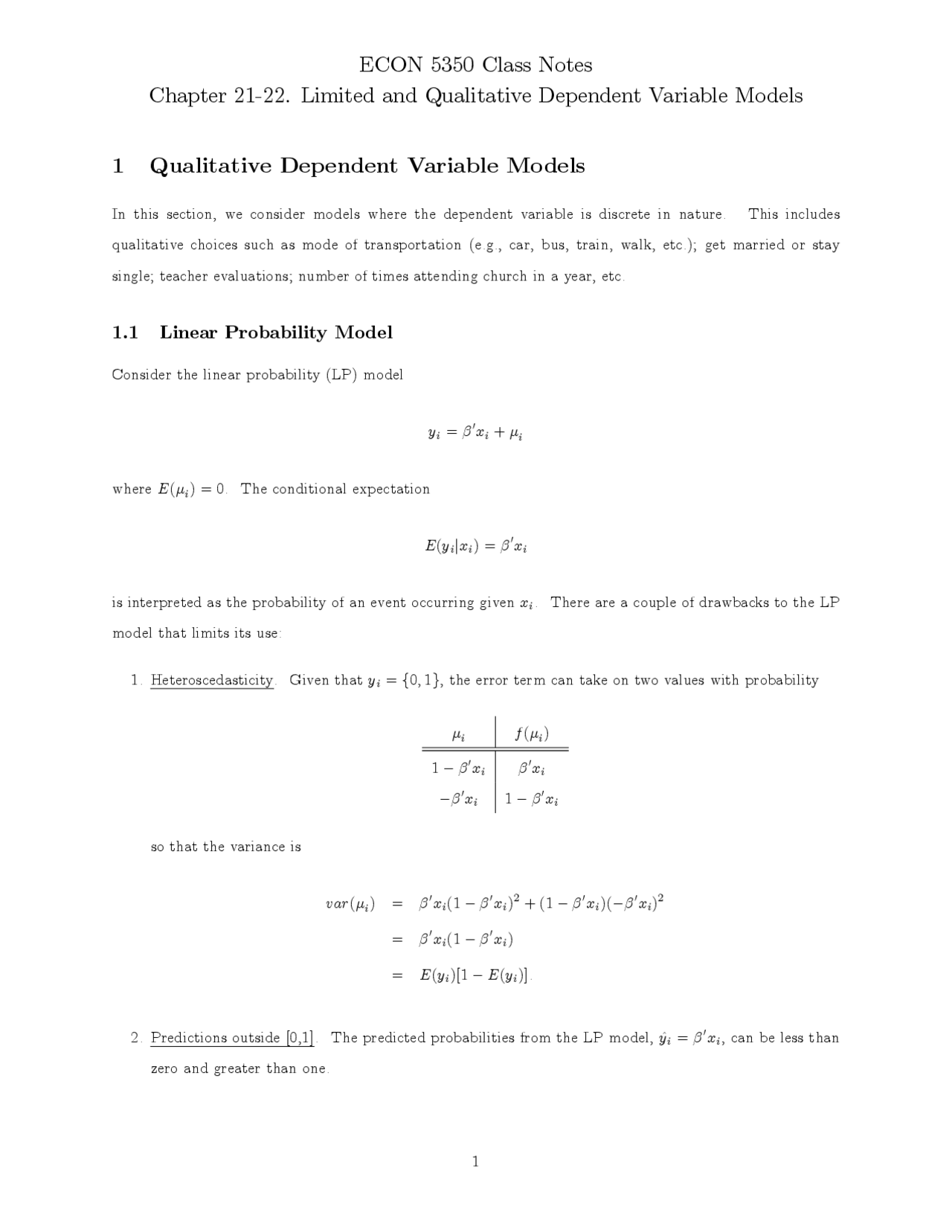Limited and Qualitative Dependent Variable Models - Notes | ECON 5360 ...