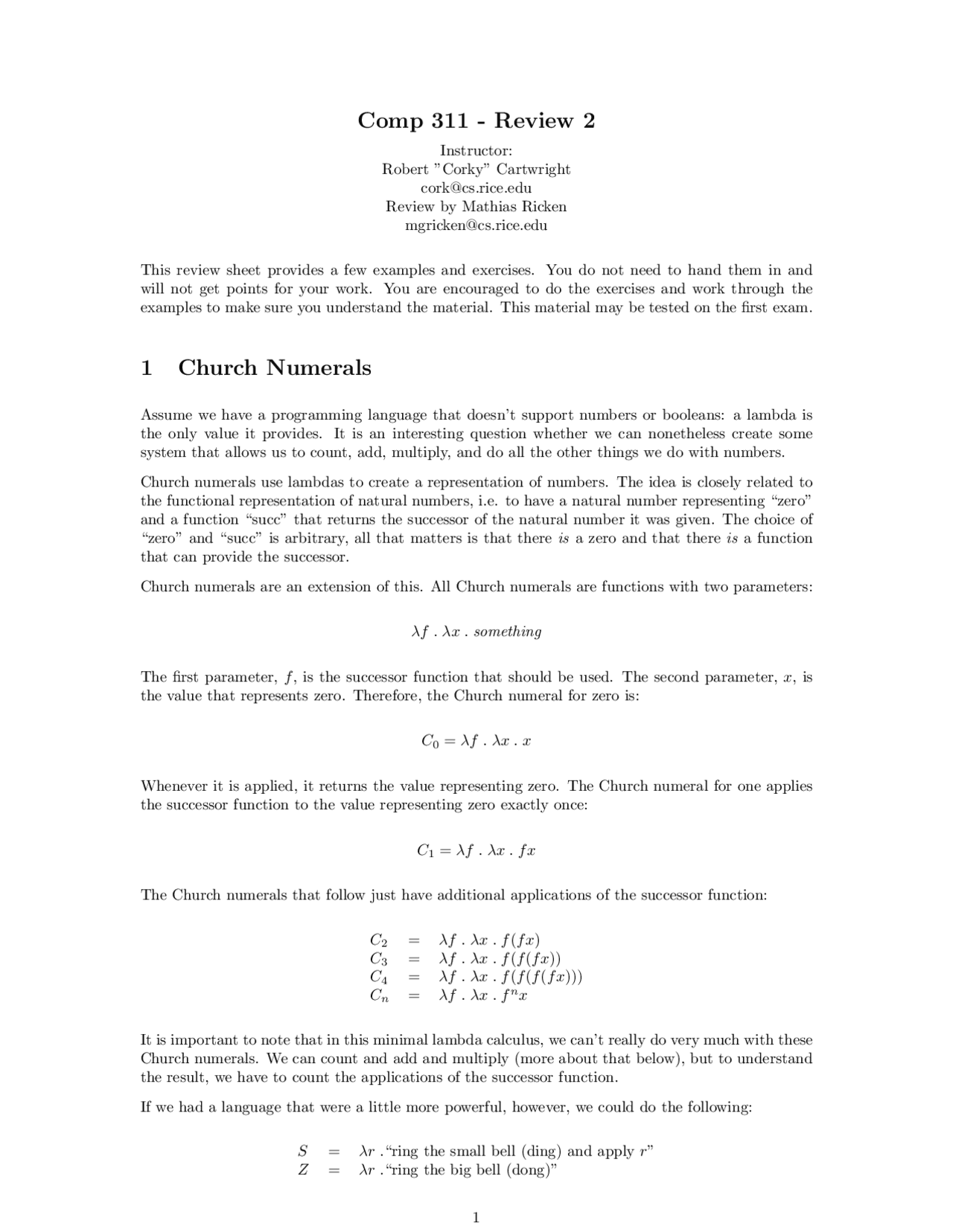 Exam 1 Church Numerals - Programming Languages | COMP 311 - Docsity