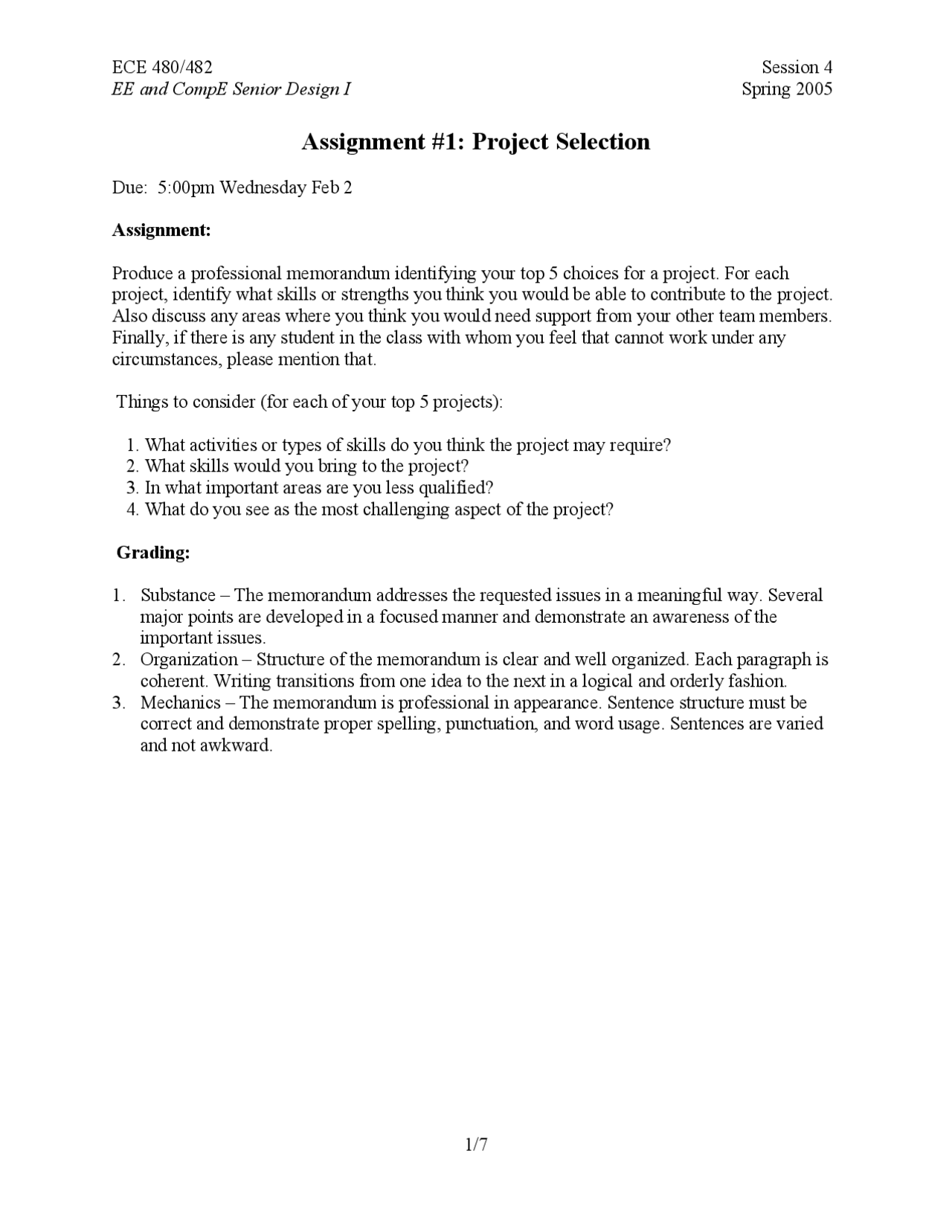 Project Selection Ee And Compe Senior Design I Ece 480 Docsity