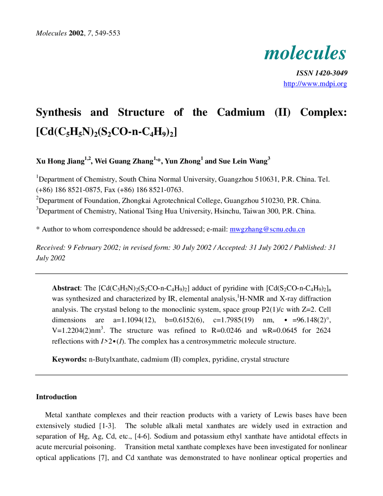 Synthesis and the Structure of Cadmium ll Complex | CS T101 - Docsity
