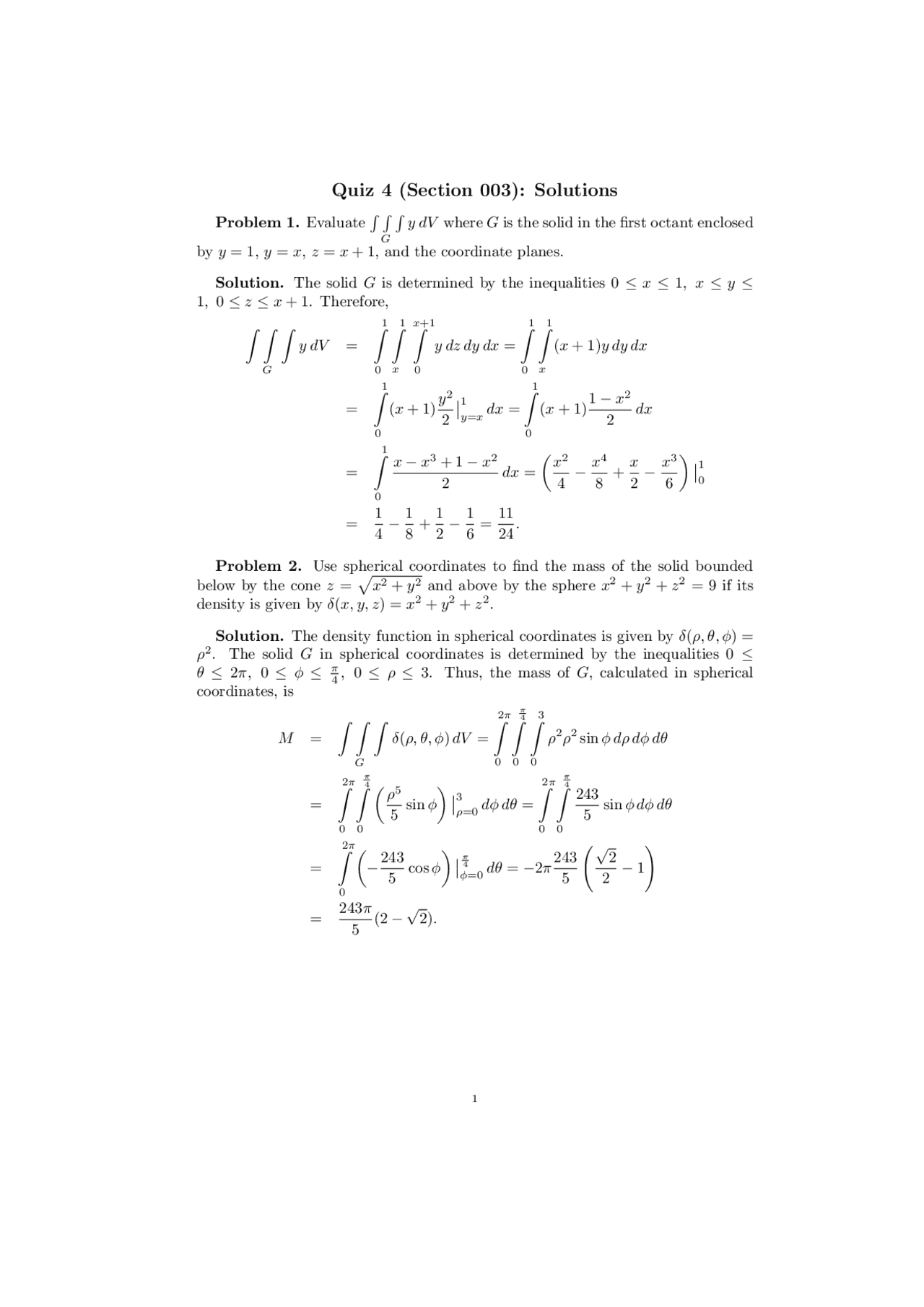 Quiz 4 With Solution Multivariable Calculus Math 200 Docsity
