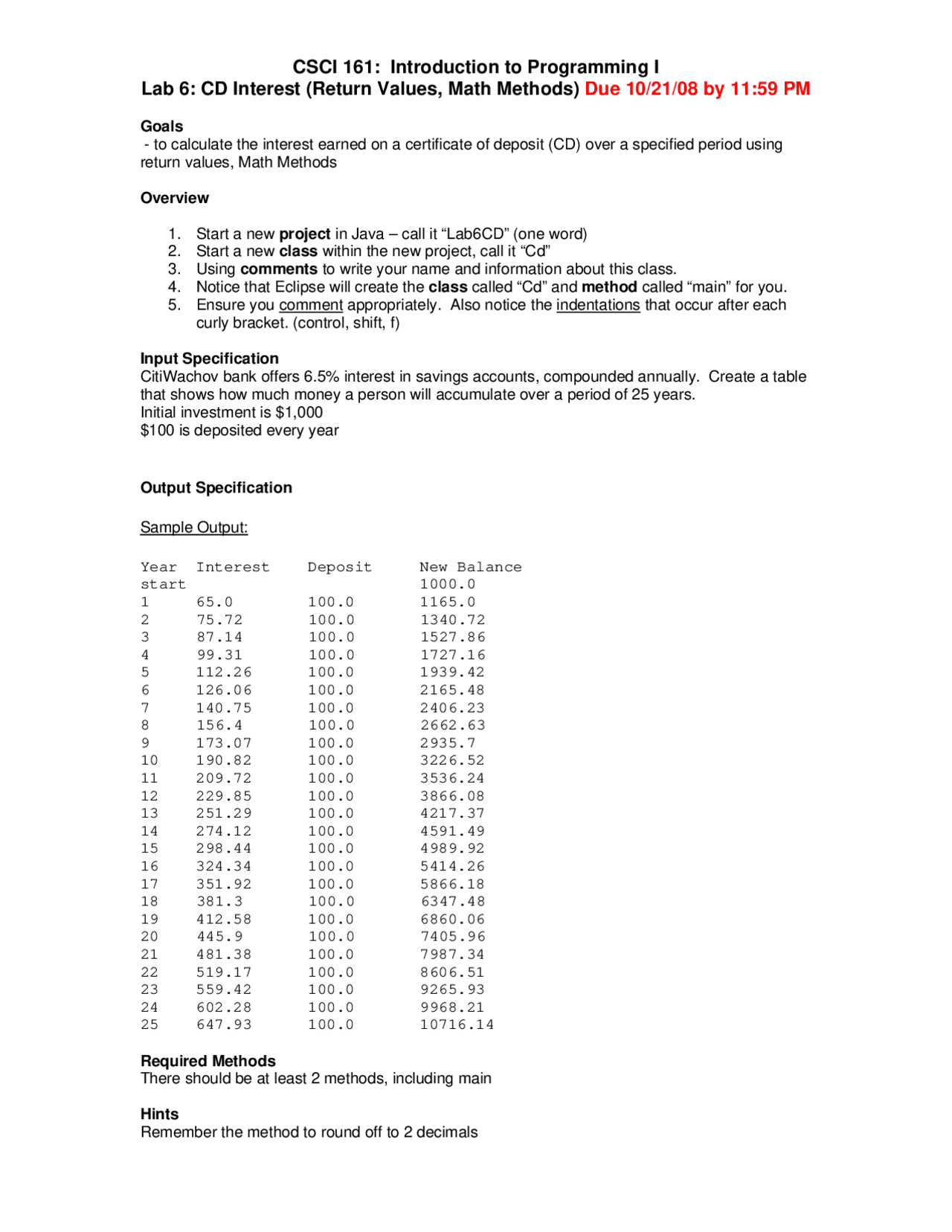 Lab 6: CD Interest, Return Values, Math Methods | CSCI 161 - Docsity